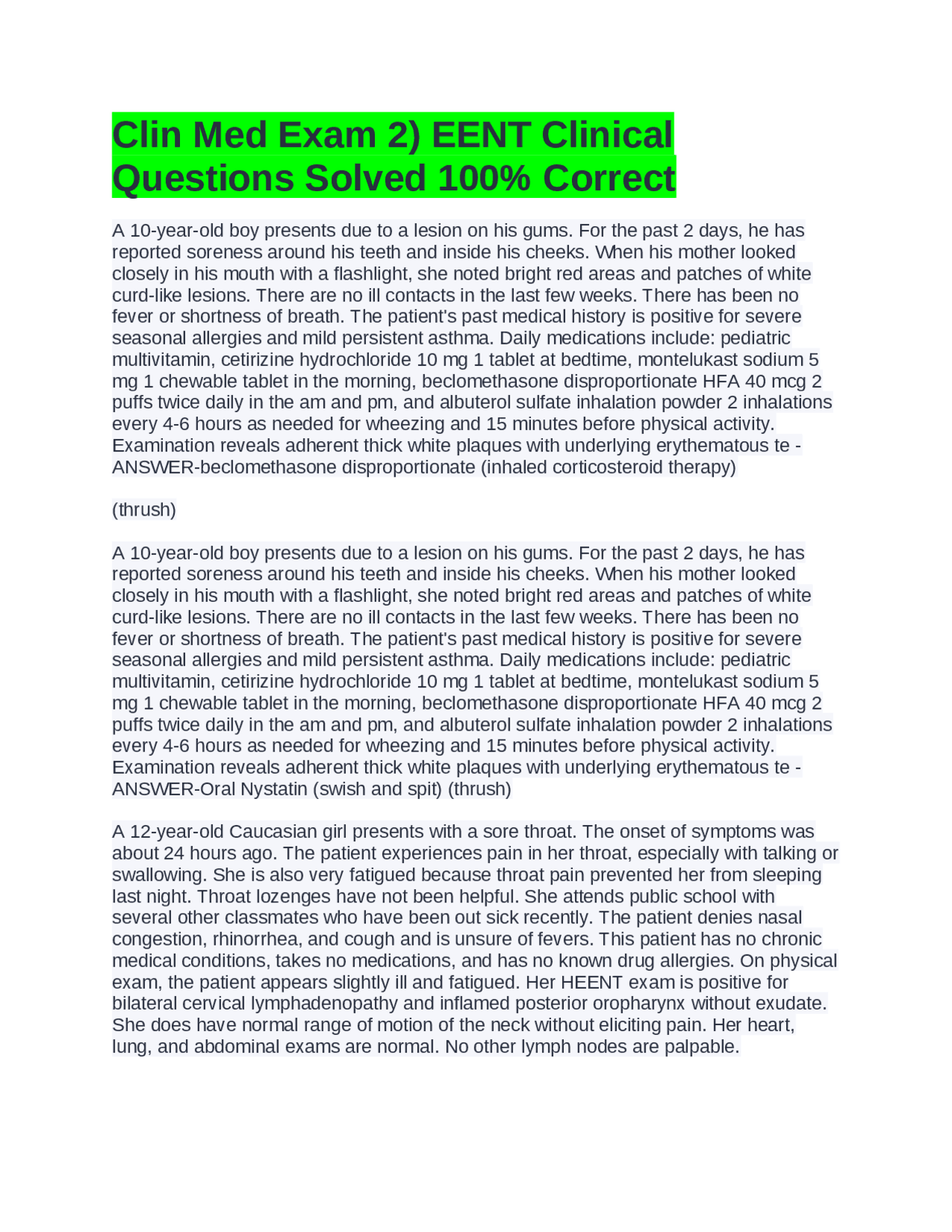 EENT Clinical Examination Questions and Answers | Exams Clinical ...