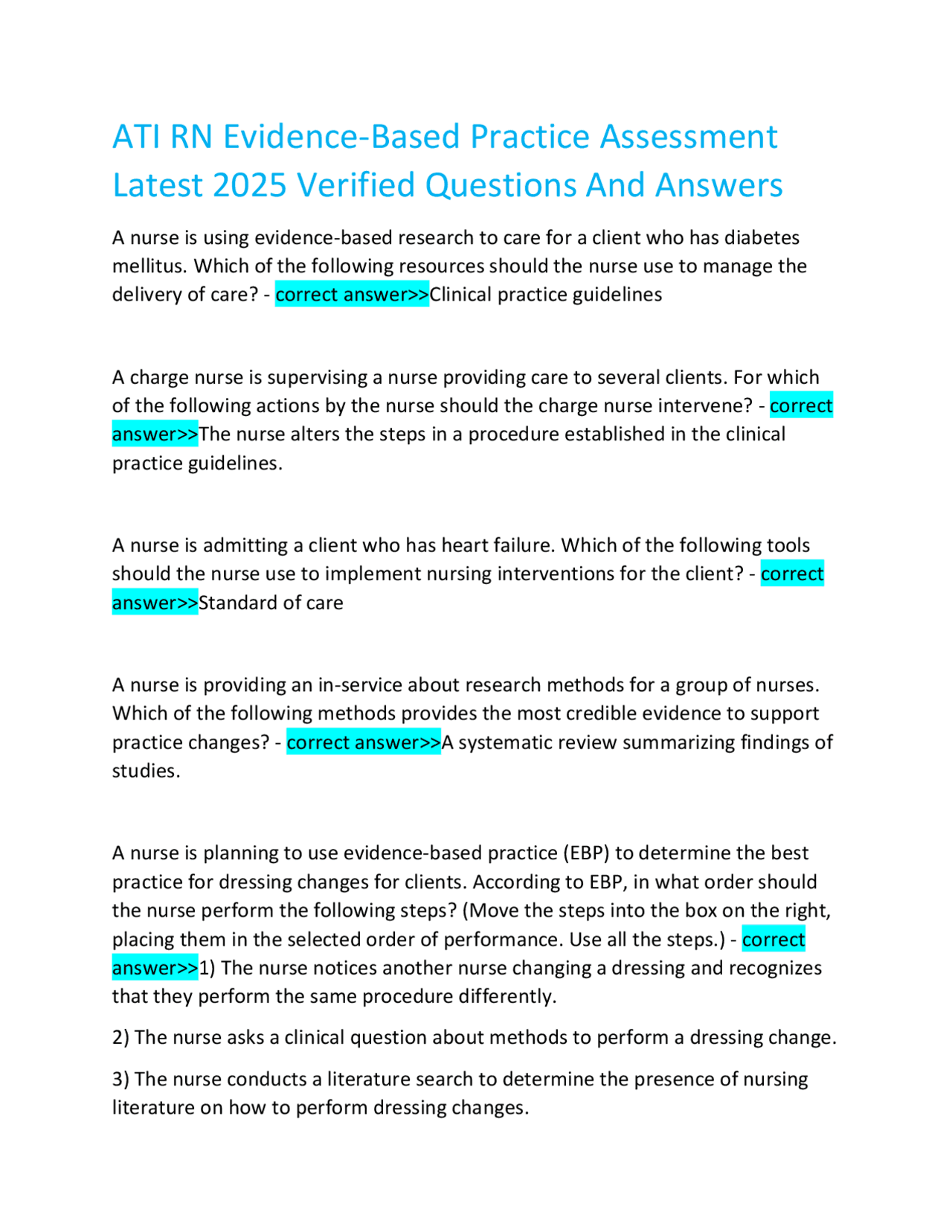 ATI RN Evidence-Based Practice Assessment: Questions and Answers ...