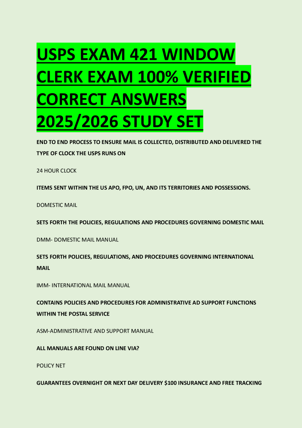 USPS EXAM 421 WINDOW CLERK EXAM 100% VERIFIED CORRECT ANSWERS 2025/2026 ...
