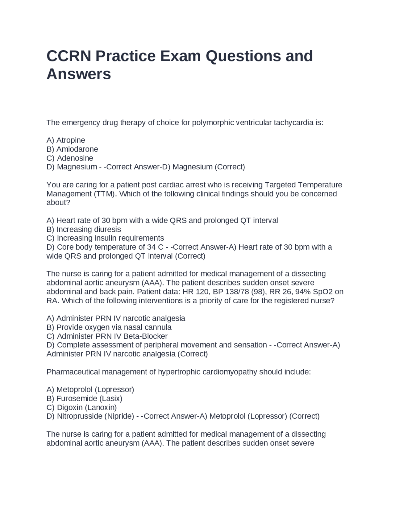 CCRN Practice Exam Questions and Answers: Cardiac Care | Exams Nursing ...