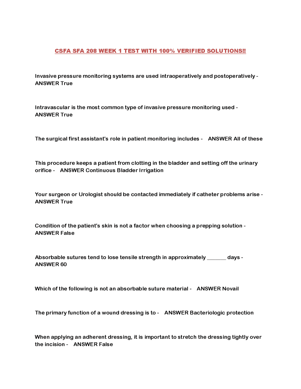 CSFA SFA 208 Week 1 Test: Surgical Procedures and Patient Care | Exams ...