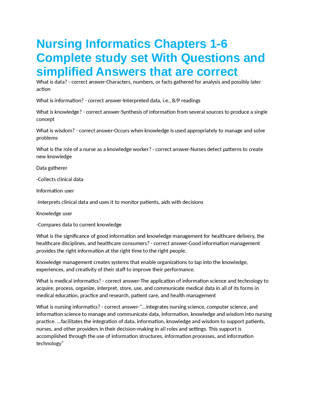 Nursing Informatics: Chapters 1-6 Study Guide with Questions and ...