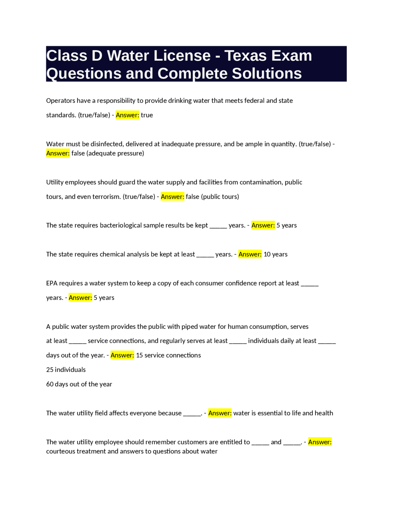 Class D Water License - Texas Exam Questions and Complete Solutions ...
