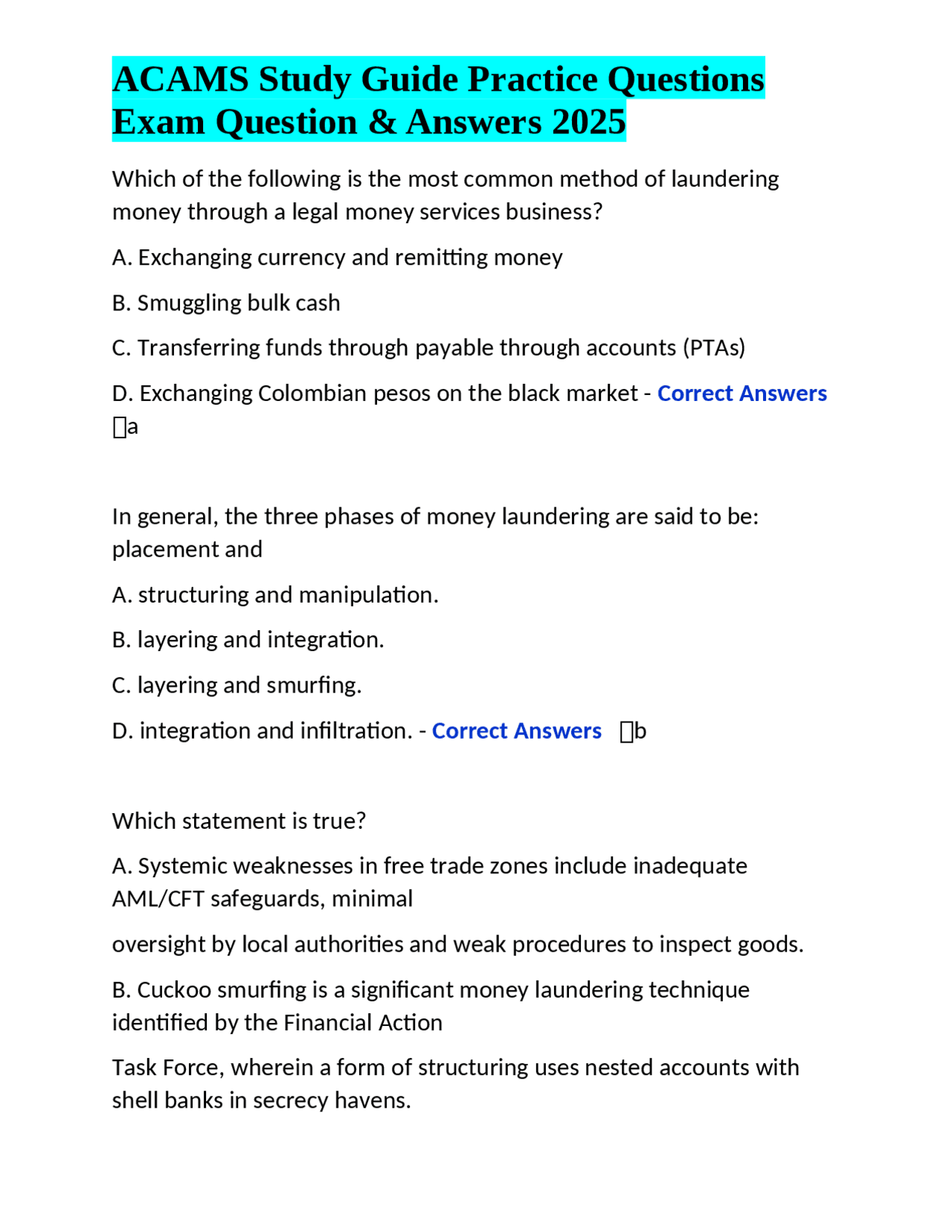 ACAMS Study Guide Practice Questions Exam Question & Answers 2025 ...