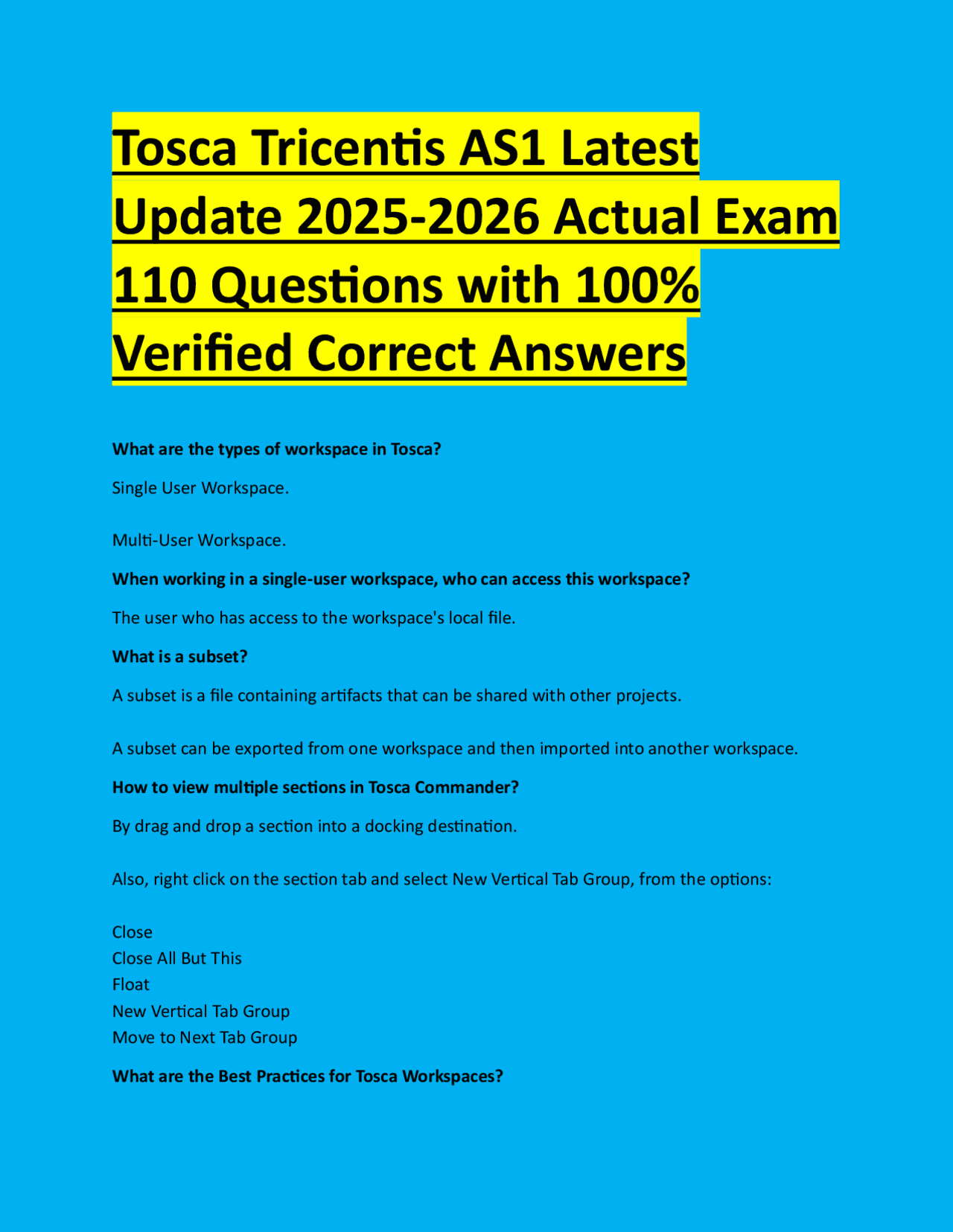 Tosca Tricentis AS1 Latest Update 2025-2026 Actual Exam 110 Questions ...