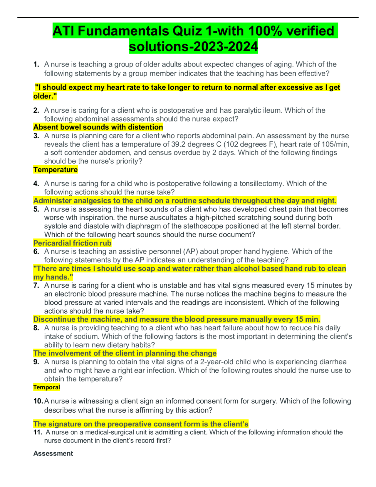 ATI Fundamentals Quiz 1: Nursing Practice Questions and Answers | Exams ...