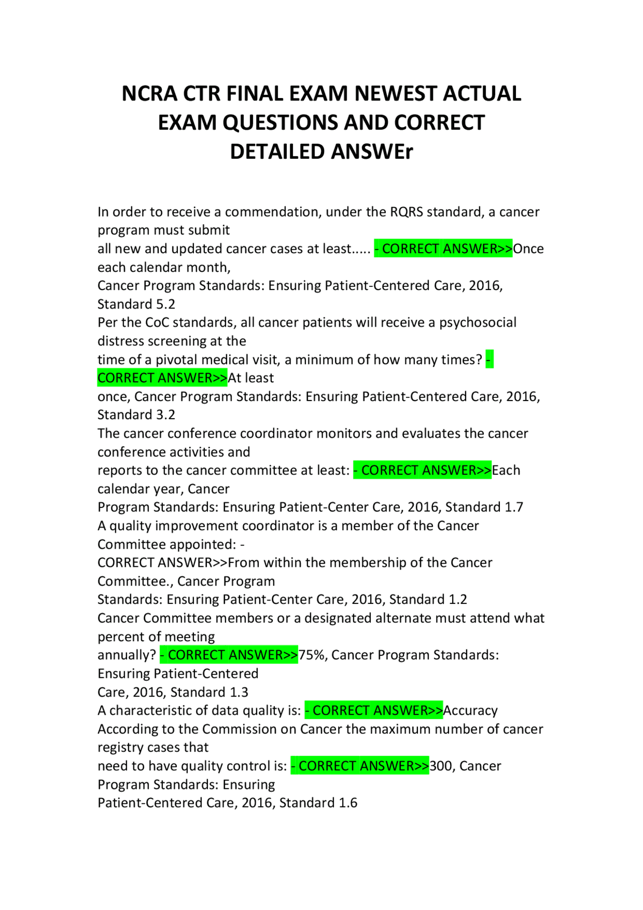 NCRA CTR Final Exam: Questions and Answers on Cancer Registry Standards ...