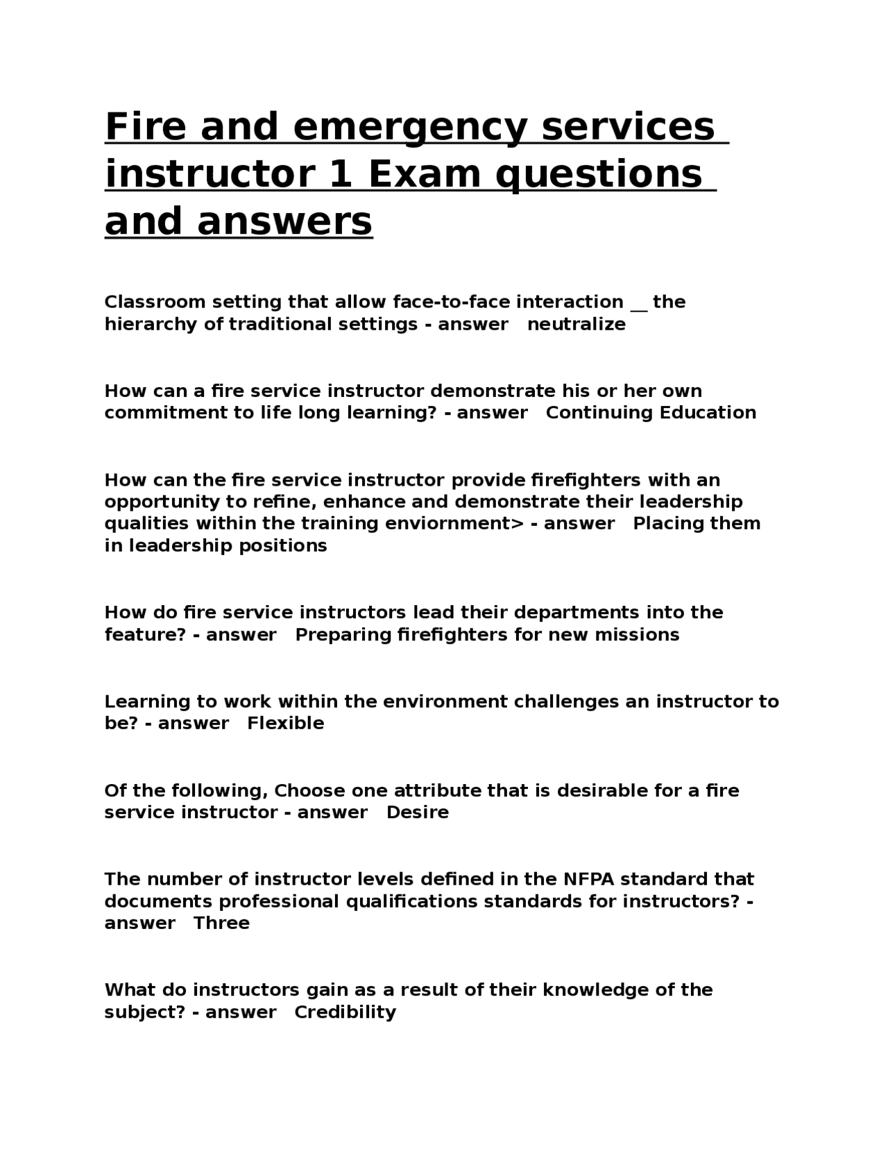 Fire and Emergency Services Instructor 1 Exam Questions and Answers ...