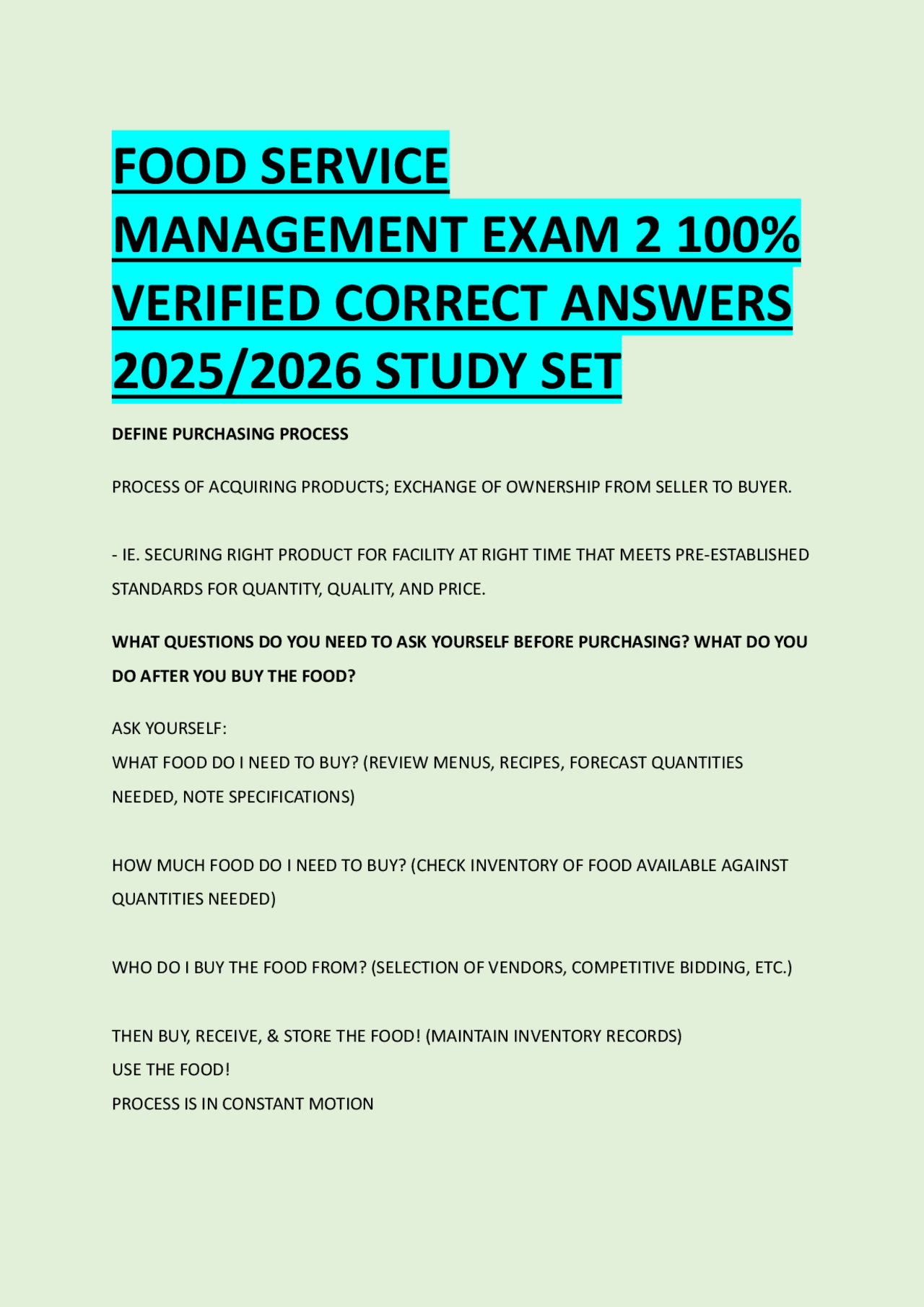 FOOD SERVICE MANAGEMENT EXAM 2 100% VERIFIED CORRECT ANSWERS 2025/2026 ...