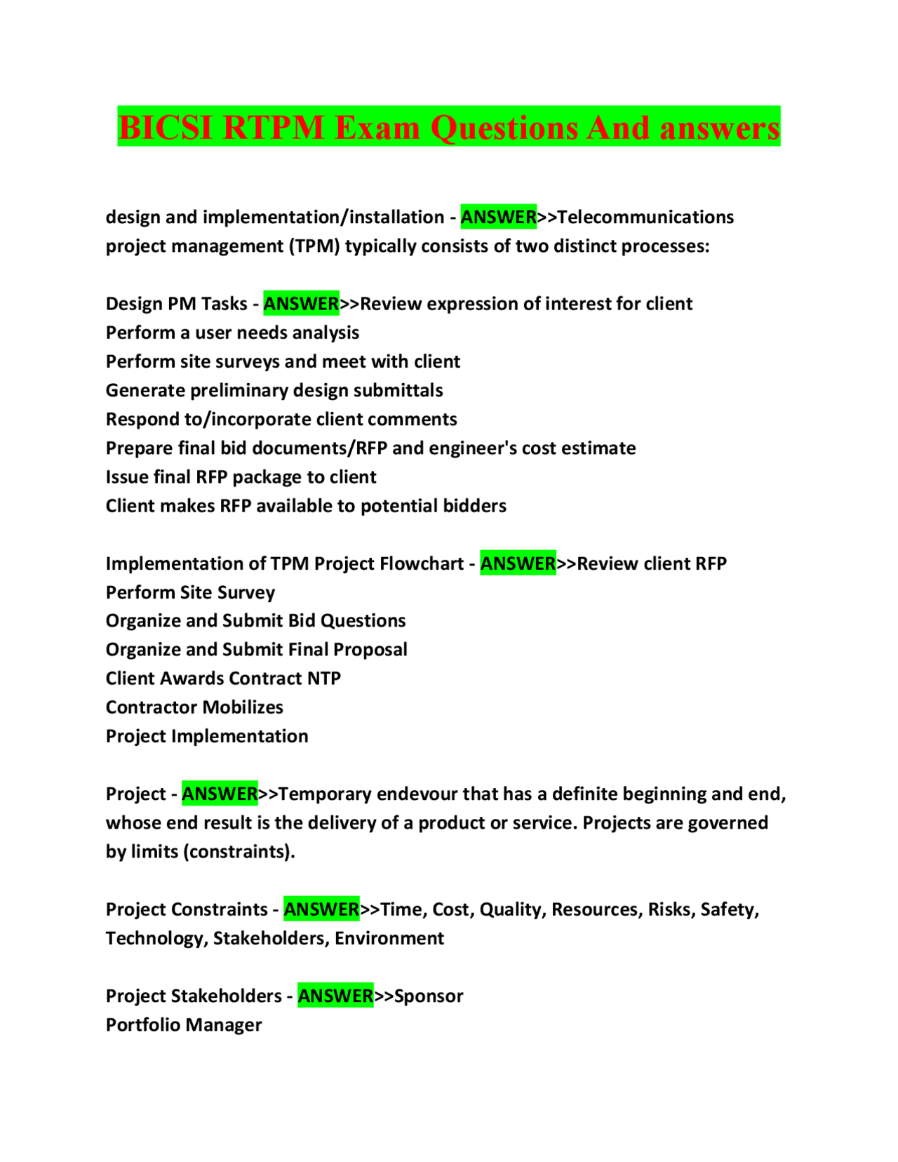 BICSI RTPM Exam Questions and Answers: Telecommunications Project ...