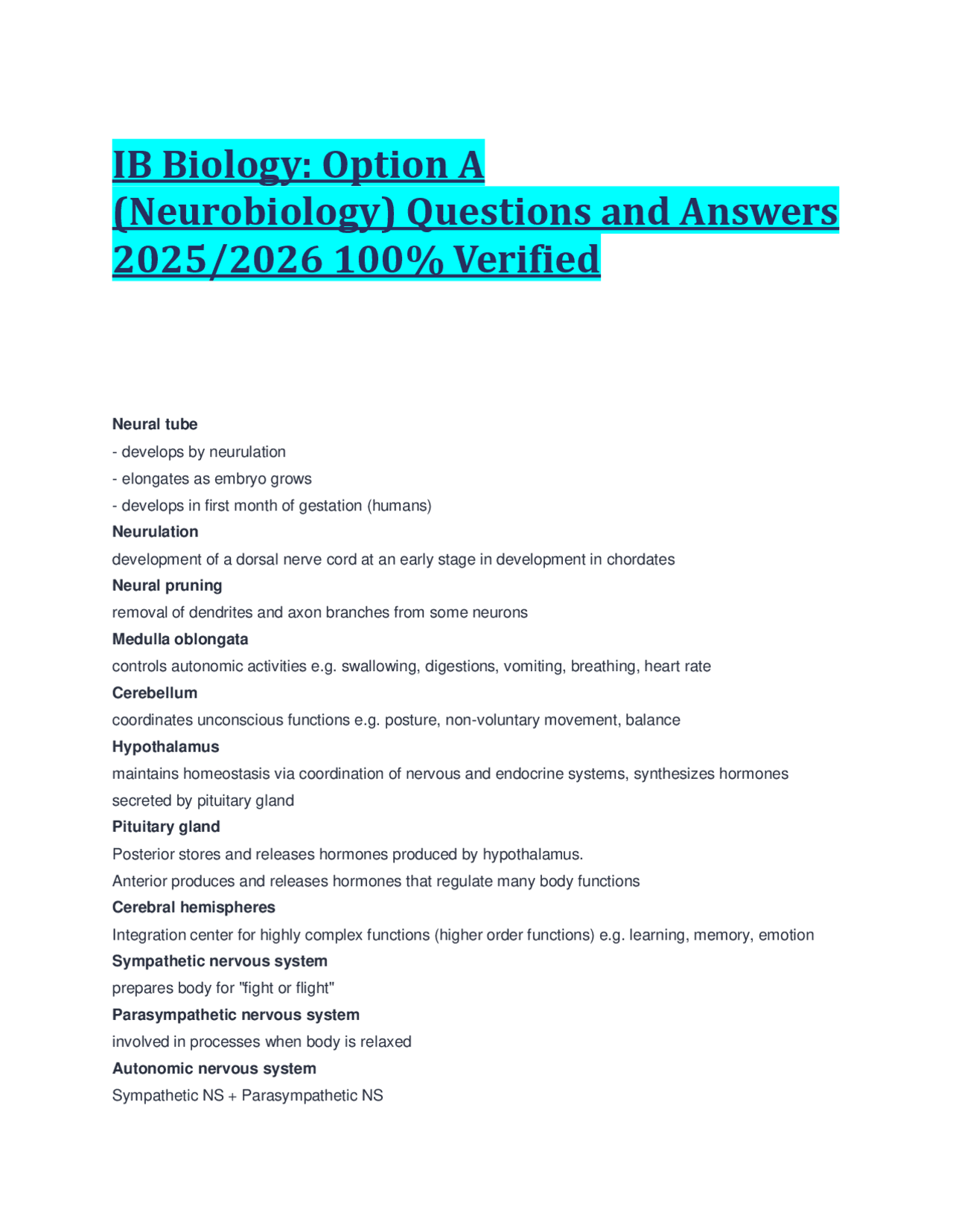 IB Biology: Option A (Neurobiology) Questions and Answers | Exams ...