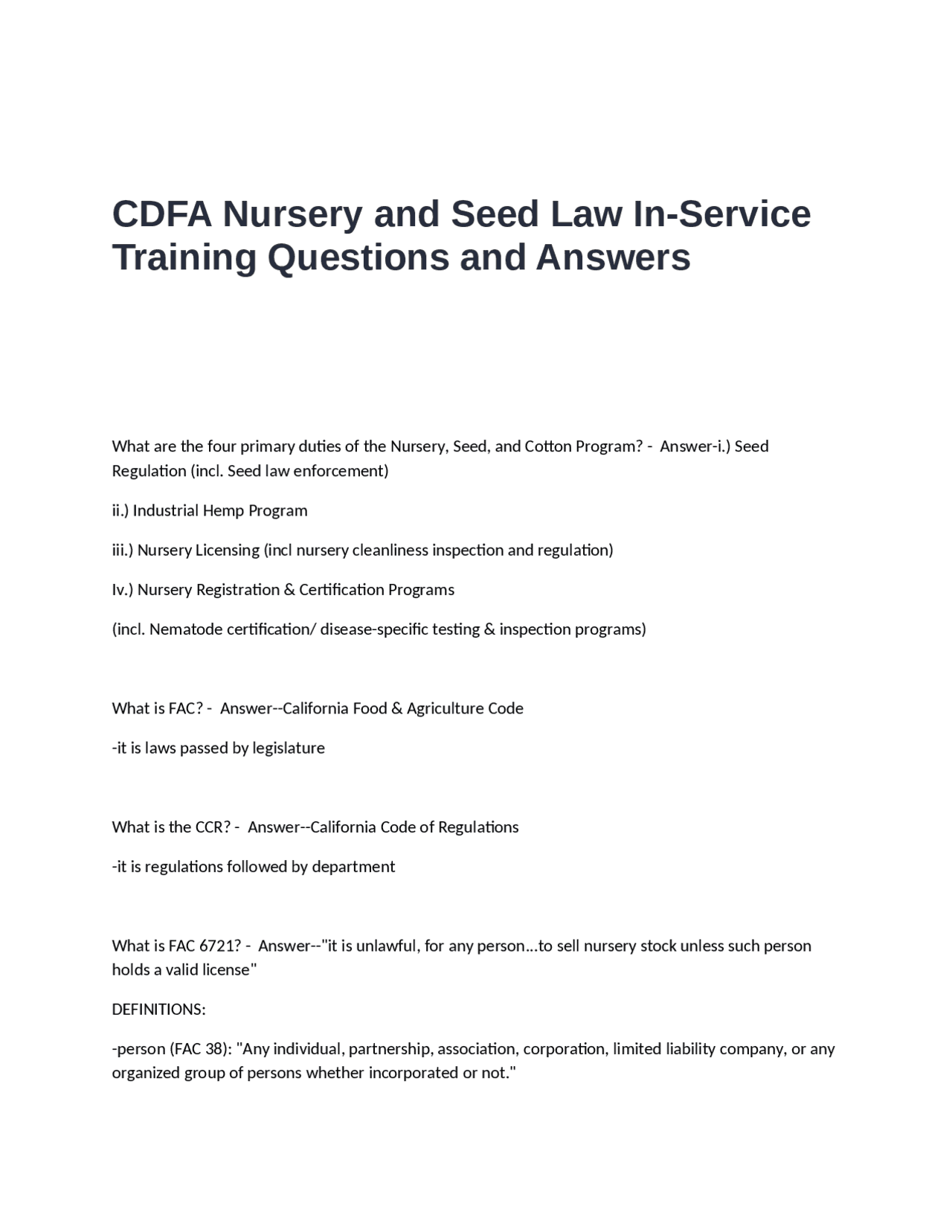 CDFA Nursery and Seed Law In-Service Training: Questions and Answers ...