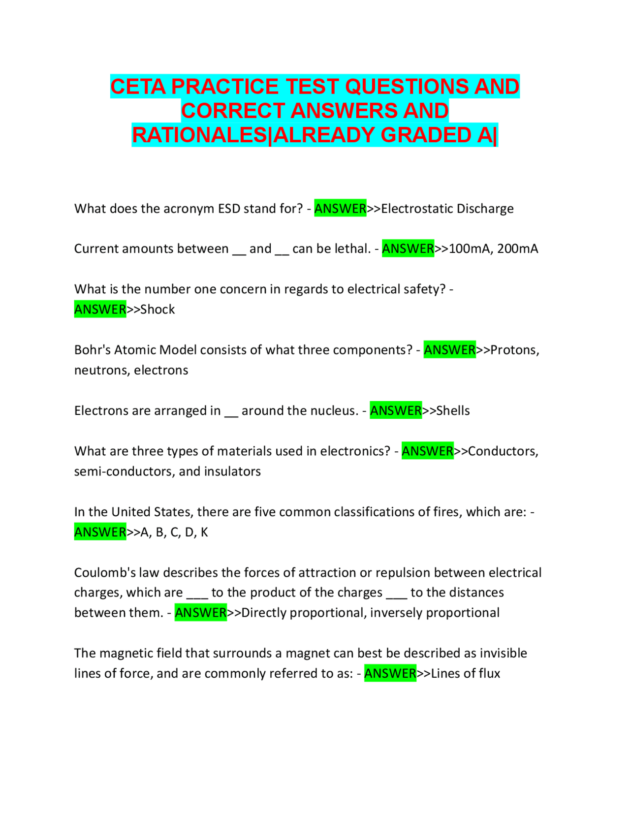 CETA Practice Test Questions and Answers with Rationales | Exams ...