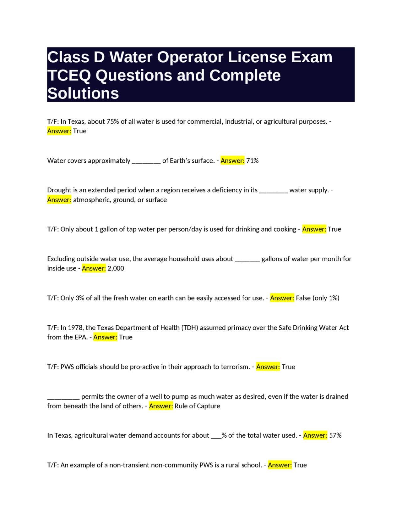 Class D Water Operator License Exam TCEQ Questions and Complete ...