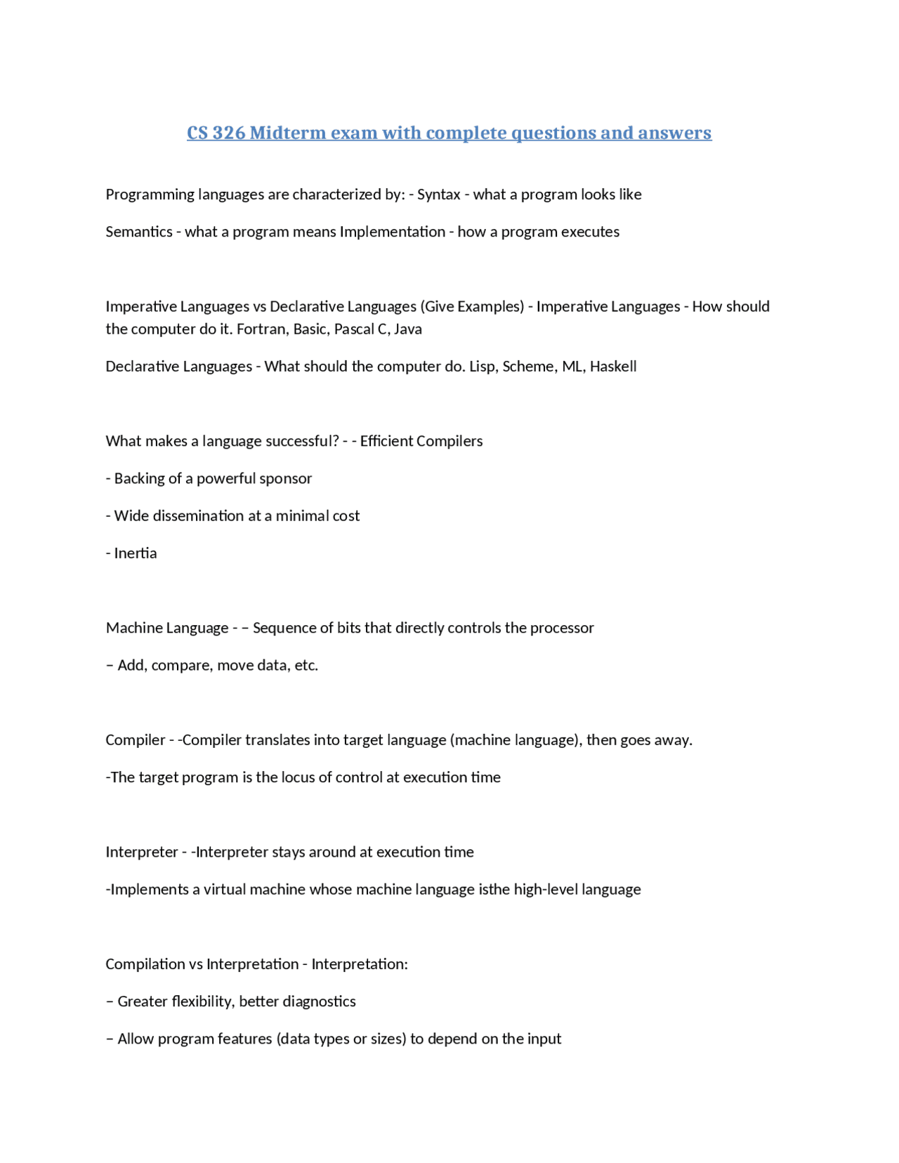 CS 326 Midterm Exam: Programming Languages and Concepts | Exams Advanced Education | Docsity