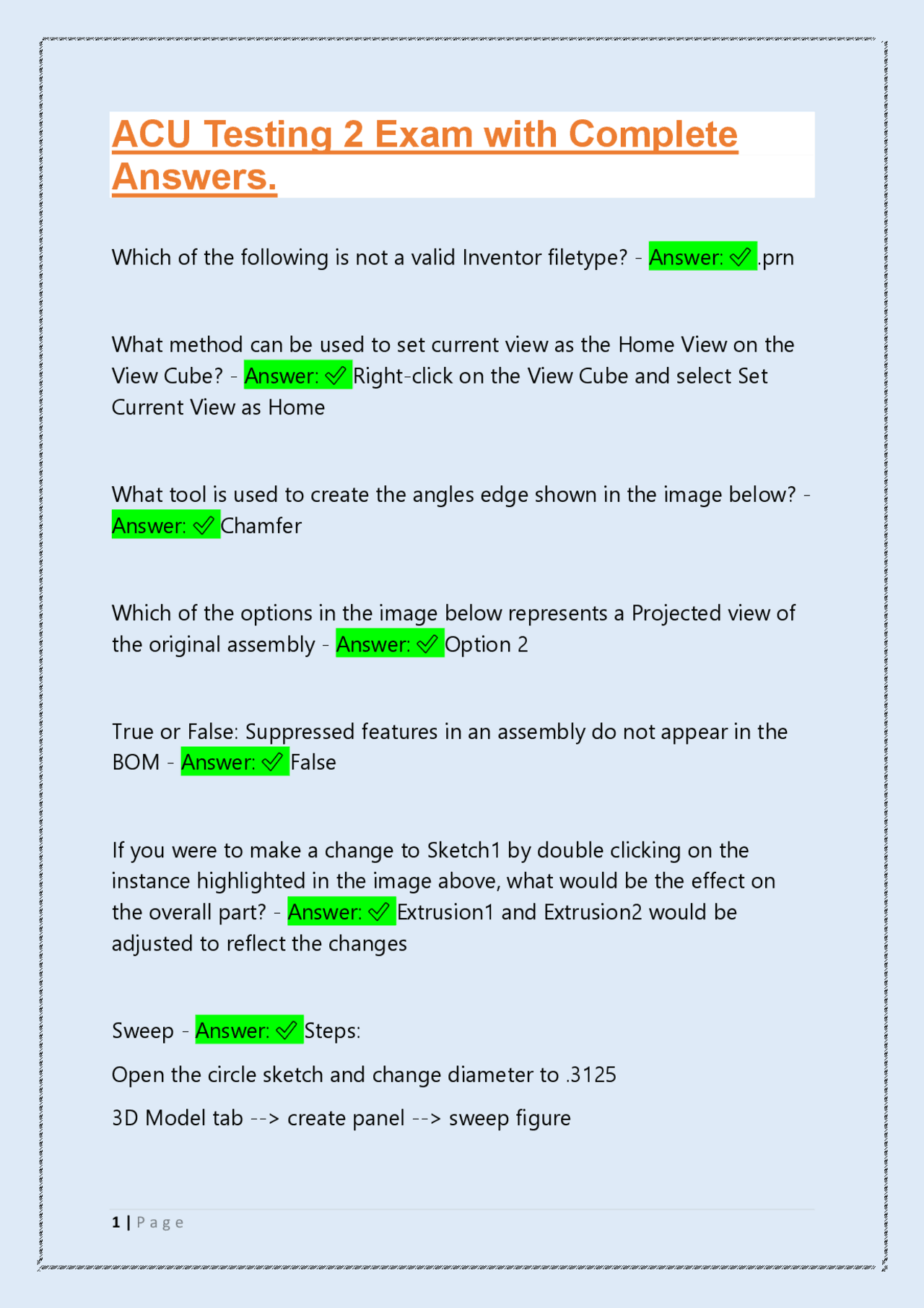 ACU Testing 2 Exam with Complete Answers: A Guide to Inventor Software ...