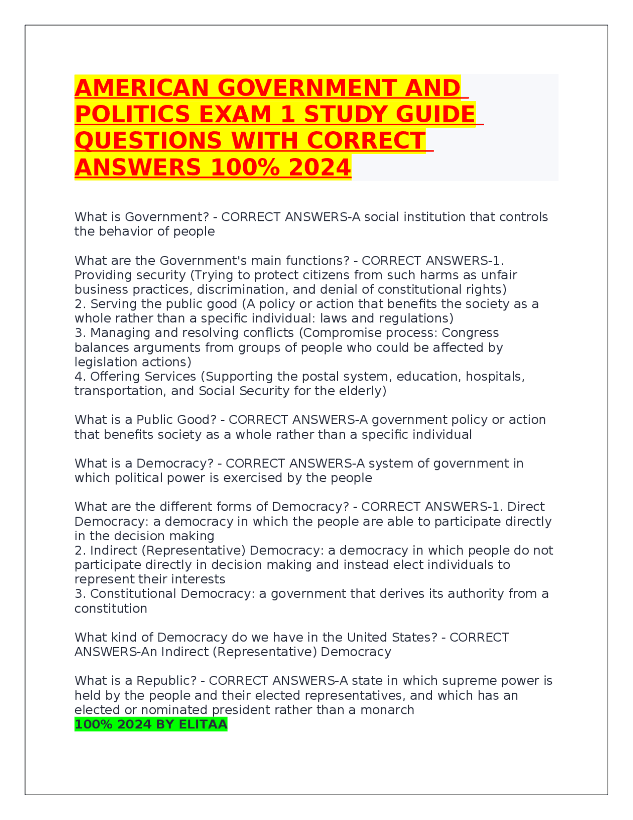 American Government and Politics Exam 1 Study Guide: Questions and ...