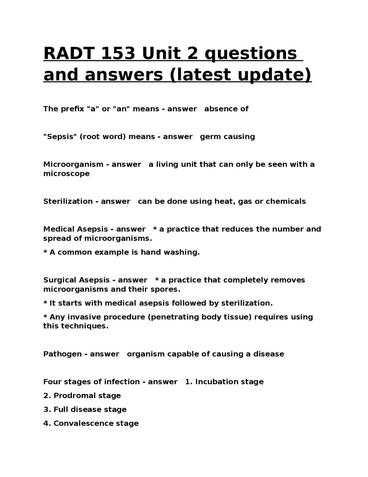 RADT 153 Unit 2: Microbiology and Infection Control - Questions and ...
