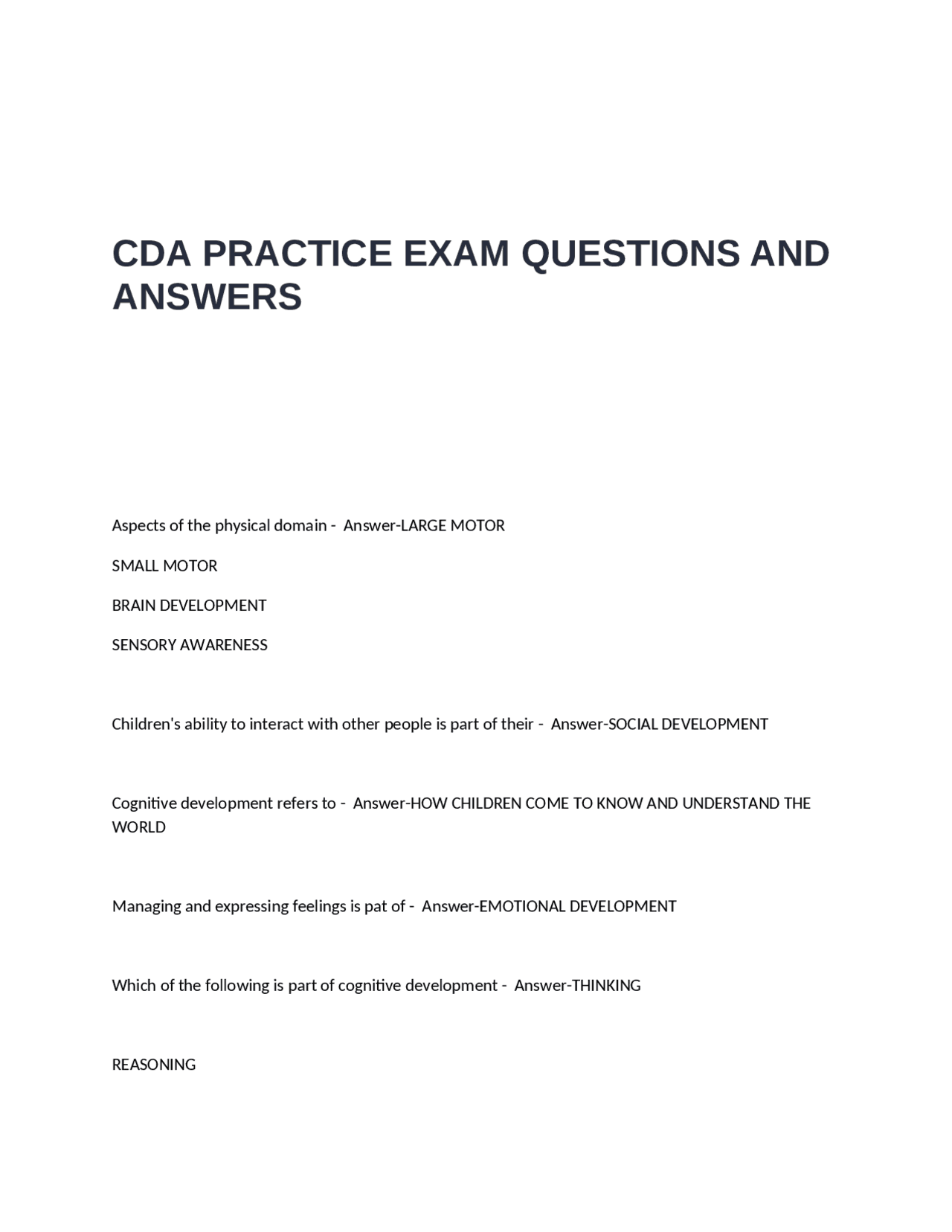 CDA Practice Exam Questions and Answers: Child Development and Early ...