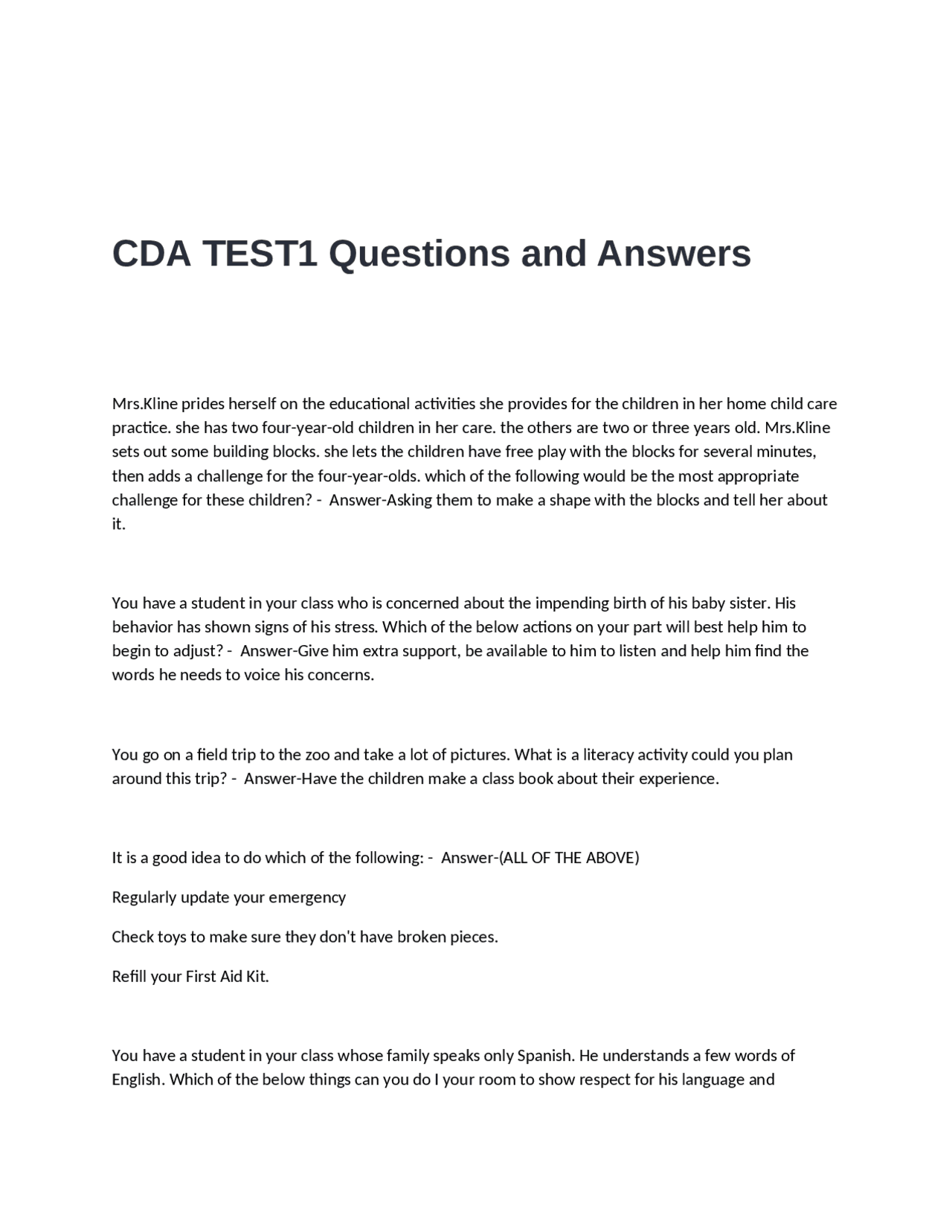 CDA Test 1: Questions and Answers for Early Childhood Educators | Exams ...