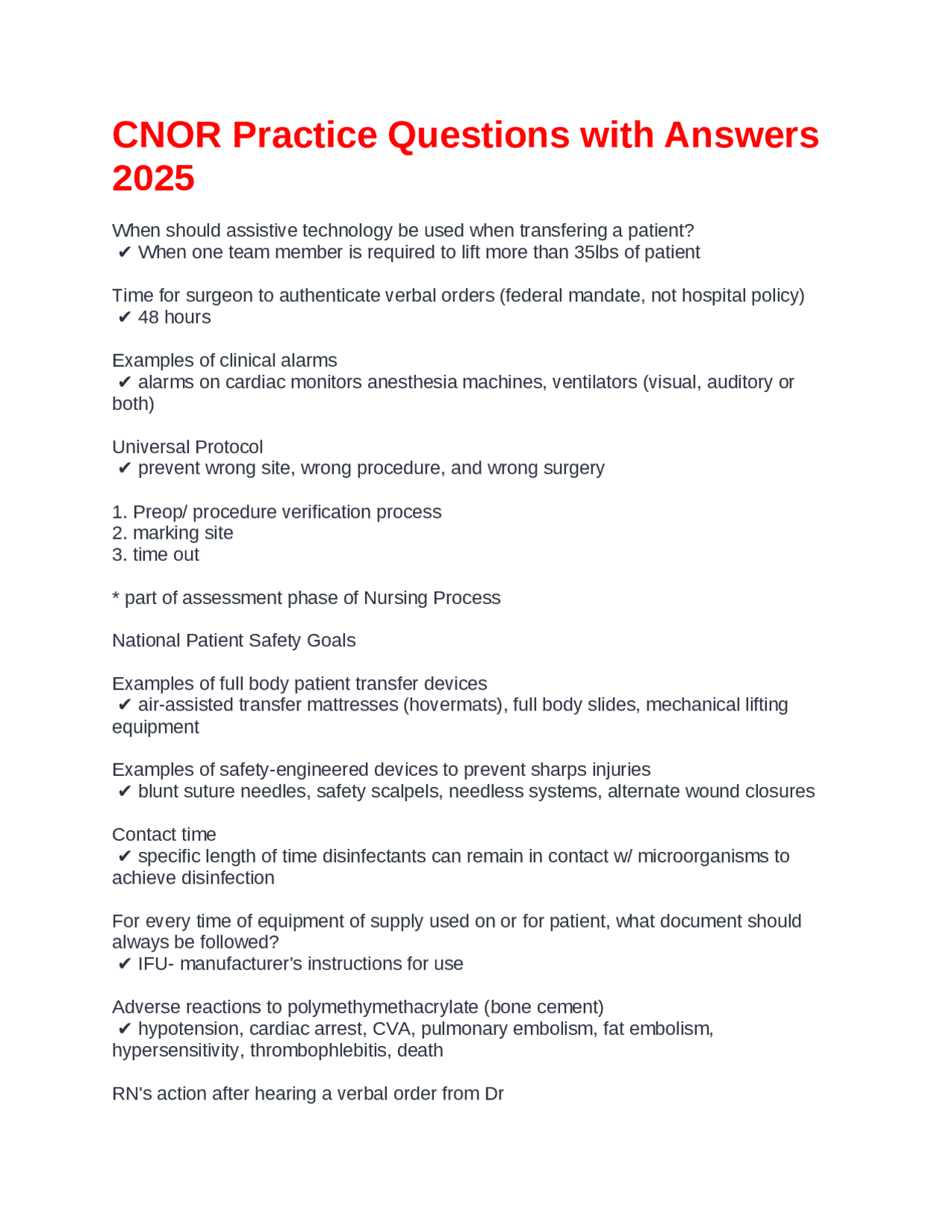 CNOR Practice Questions with Answers 2025 | Exams Medicine | Docsity