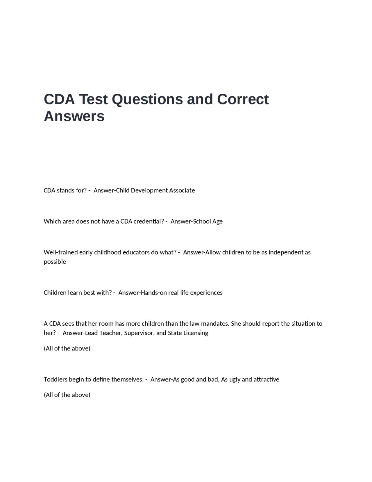 CDA Test Questions and Answers: A Guide for Early Childhood Educators ...