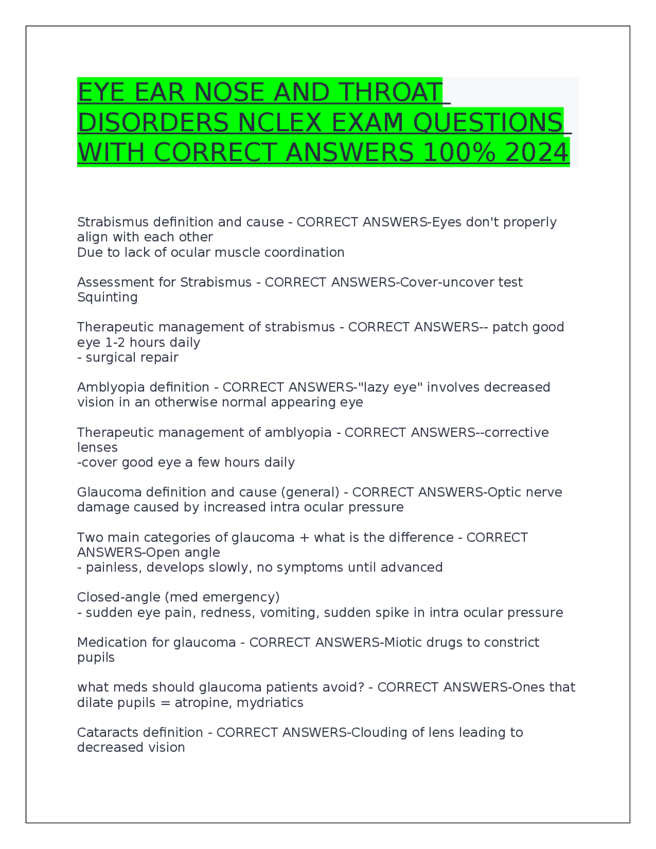 Eye, Ear, Nose and Throat Disorders: NCLEX Exam Questions and Answers ...