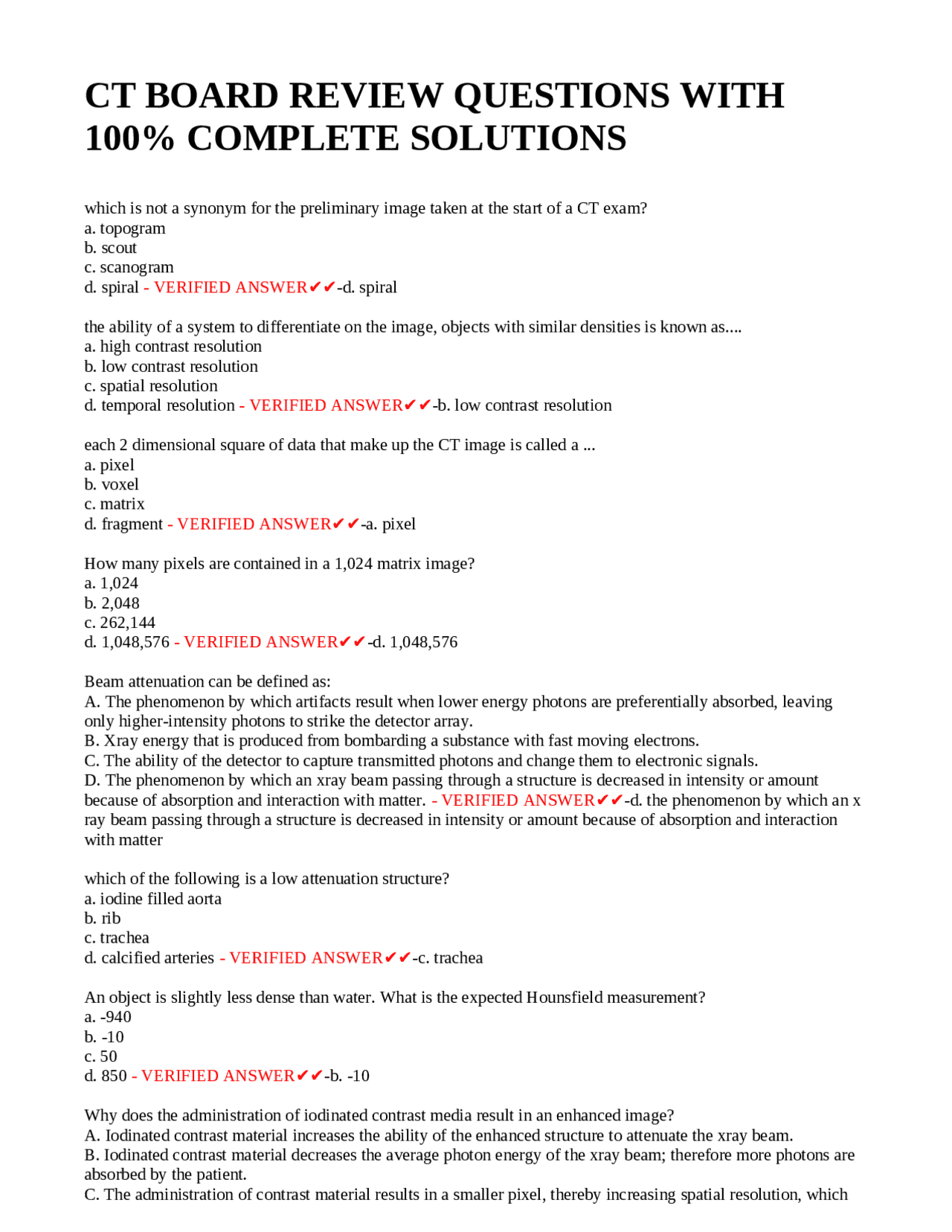 CT Scan Review Questions with Solutions | Exams Nursing | Docsity