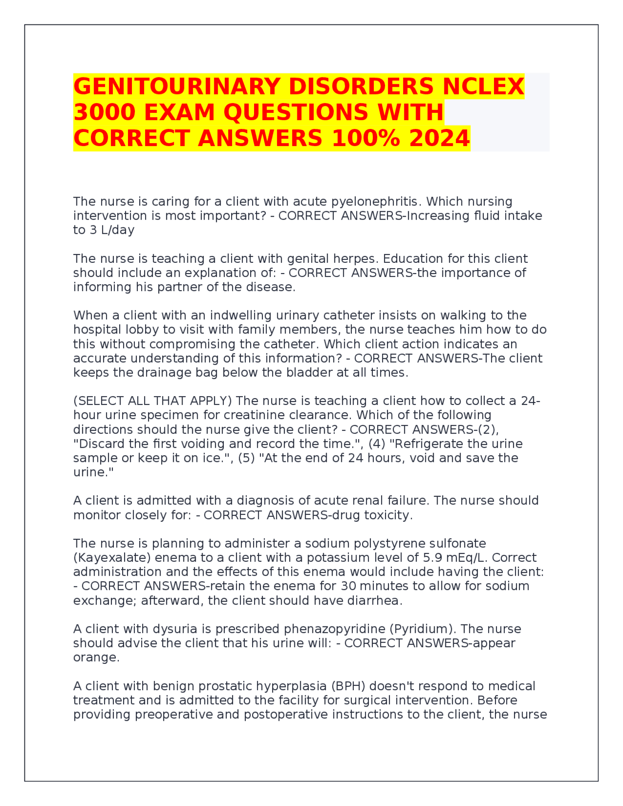 Genitourinary Disorders NCLEX Exam Questions and Answers | Exams ...