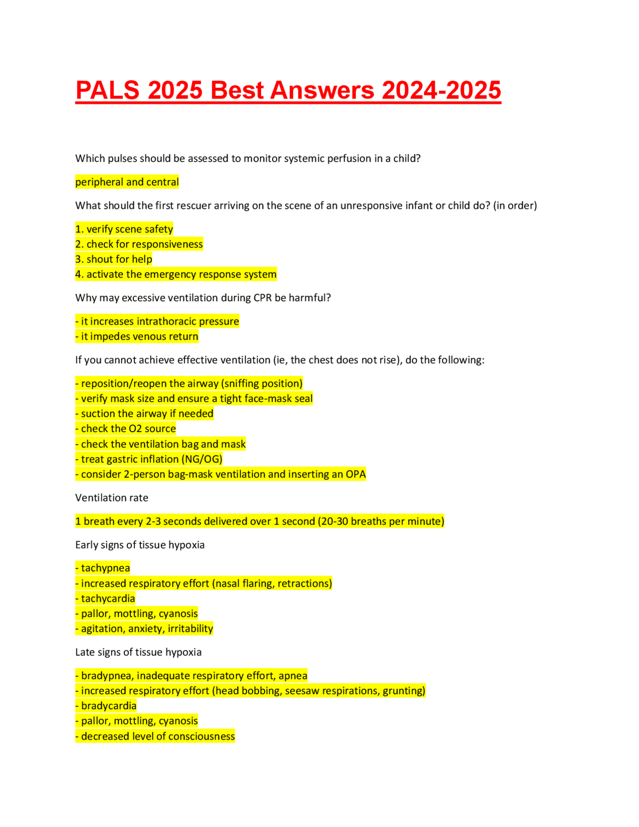 PALS 2025 Best Answers 2024-2025 | Exams Health sciences | Docsity