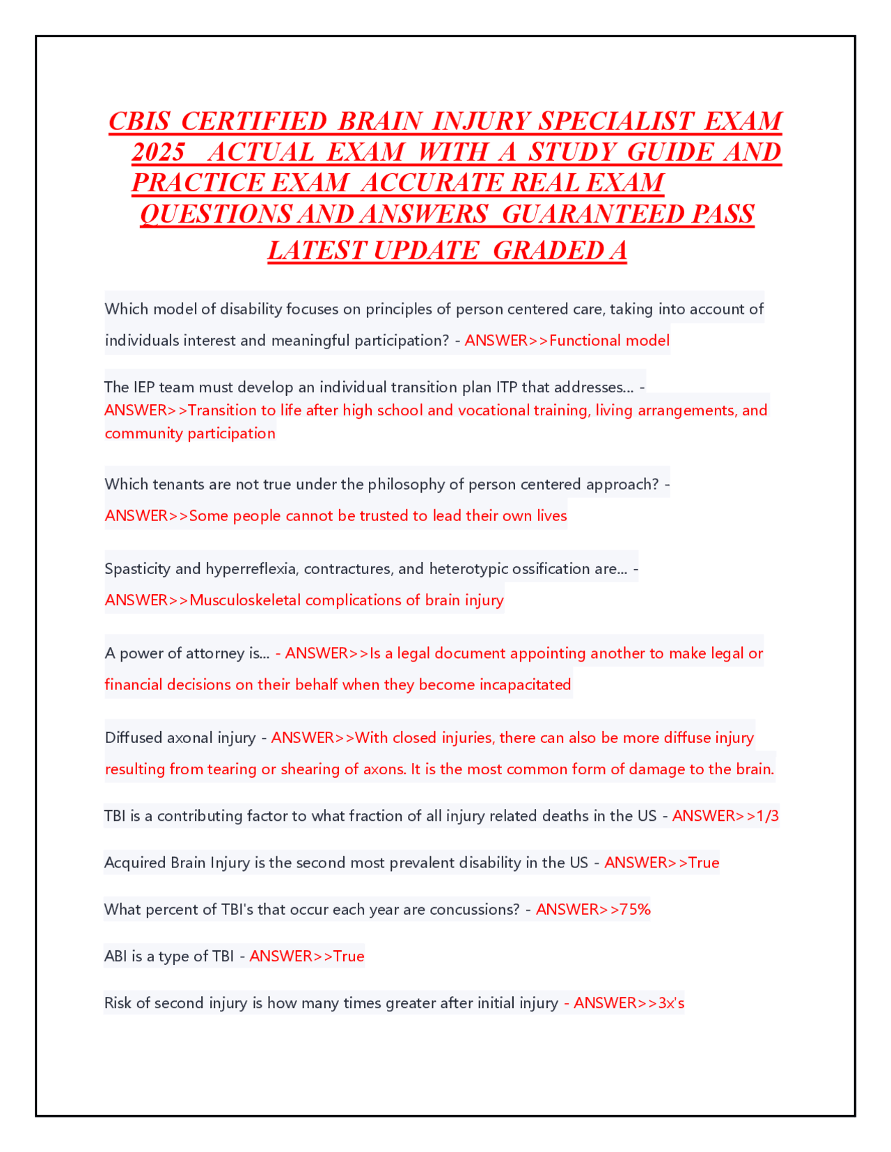 CBIS CERTIFIED BRAIN INJURY SPECIALIST EXAM 2025 ACTUAL EXAM WITH A ...