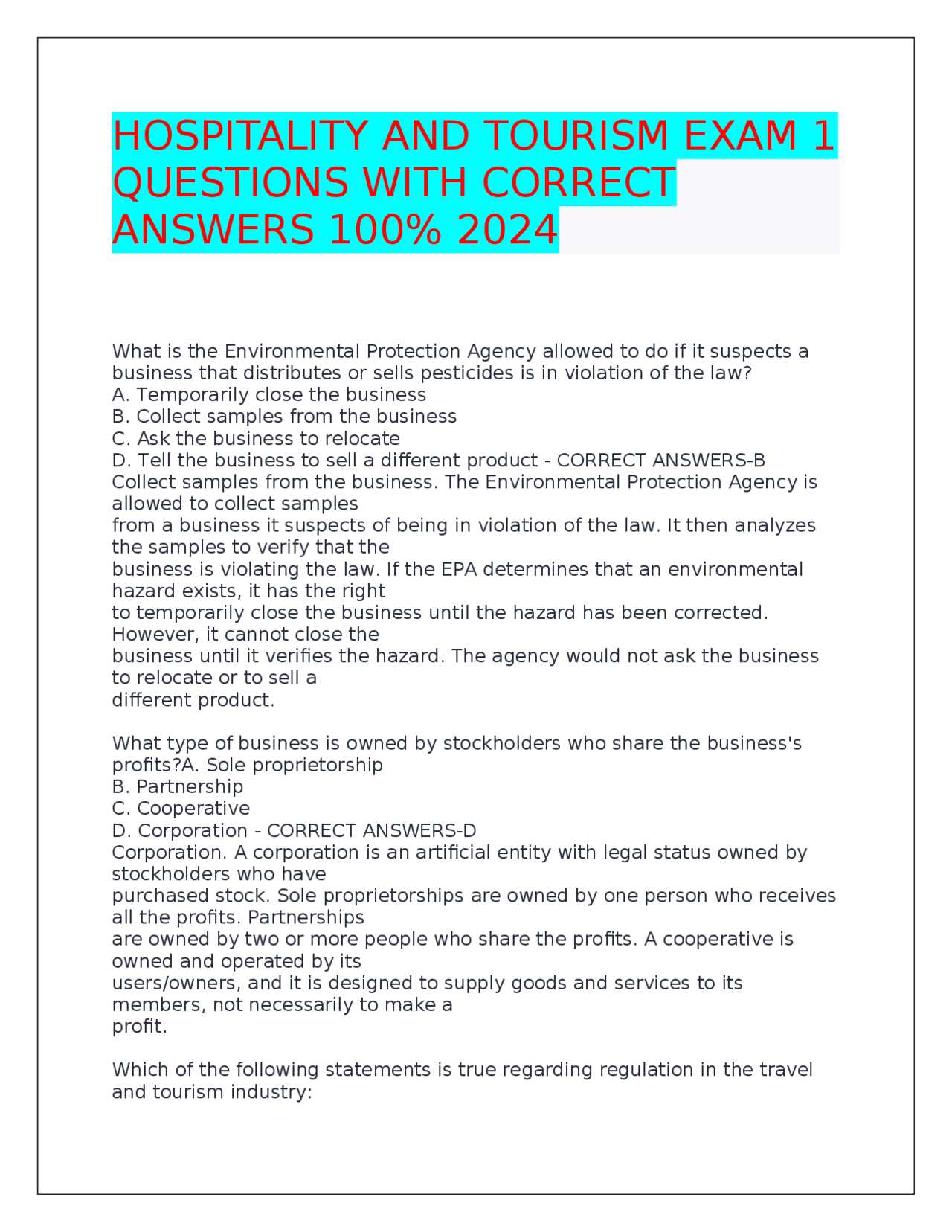 Hospitality and Tourism Exam 1: Multiple Choice Questions with Answers ...