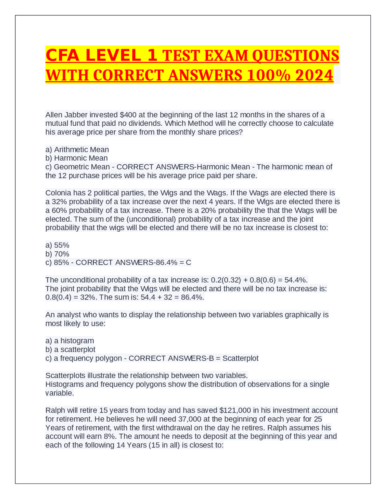 CFA Level 1 Test Exam Questions with Correct Answers 2024 | Exams ...
