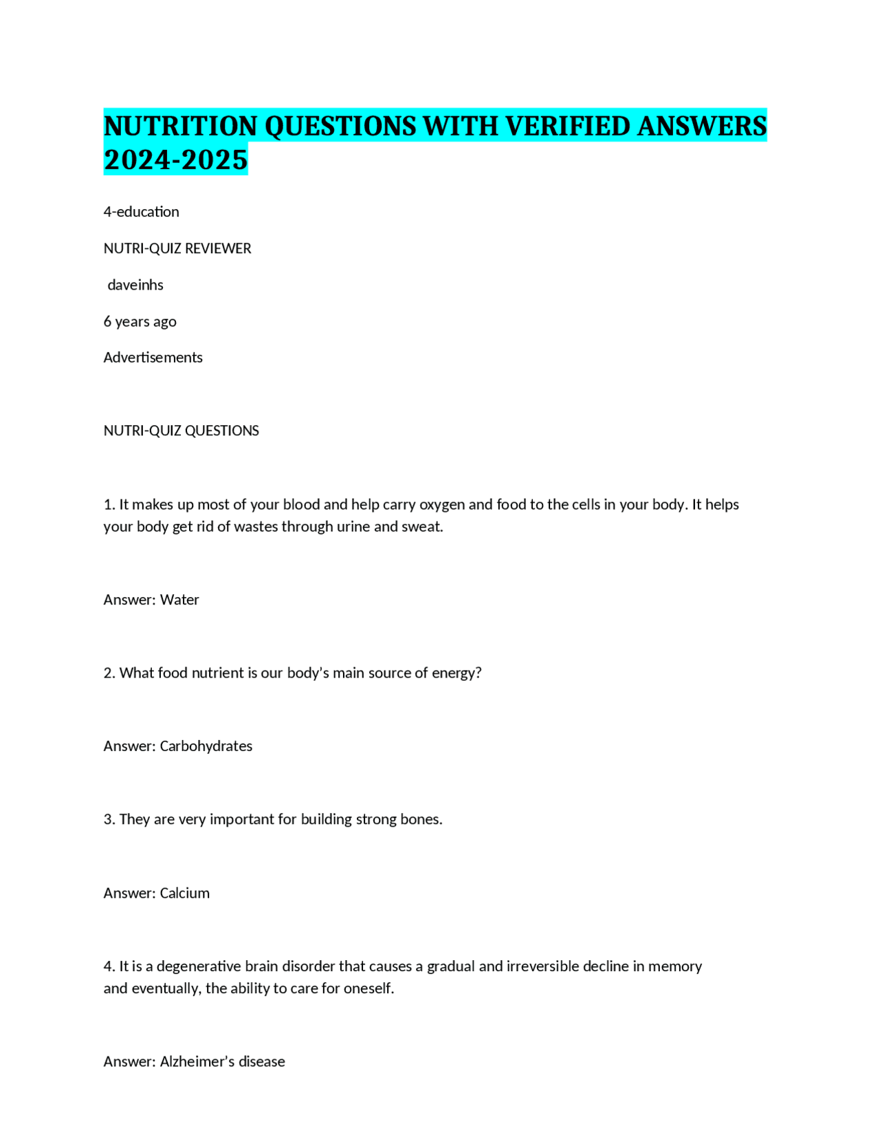 Nutrition Quiz Reviewer: Questions and Answers for 2024-2025 | Exams ...