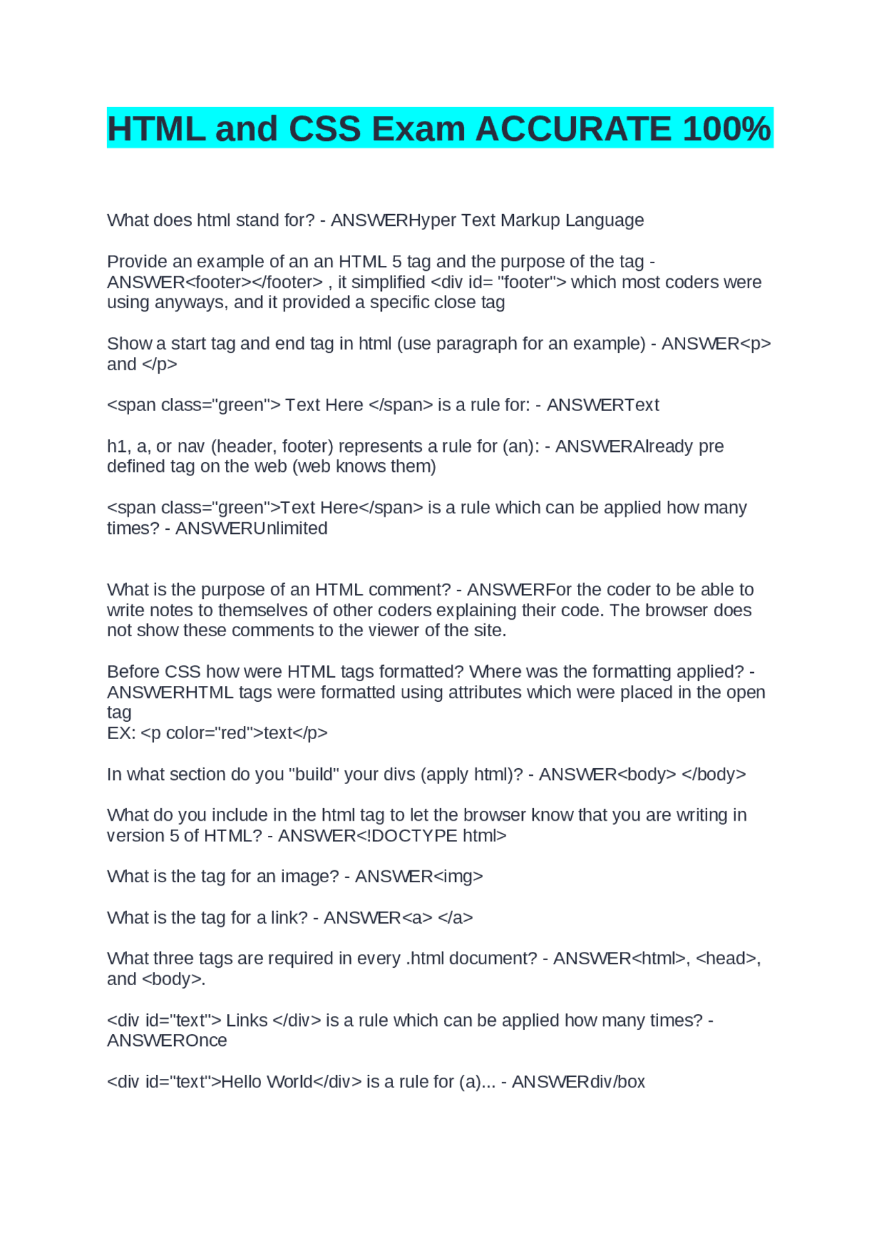 HTML and CSS Exam: A Comprehensive Guide with Questions and Answers | Exams Computer Science ...