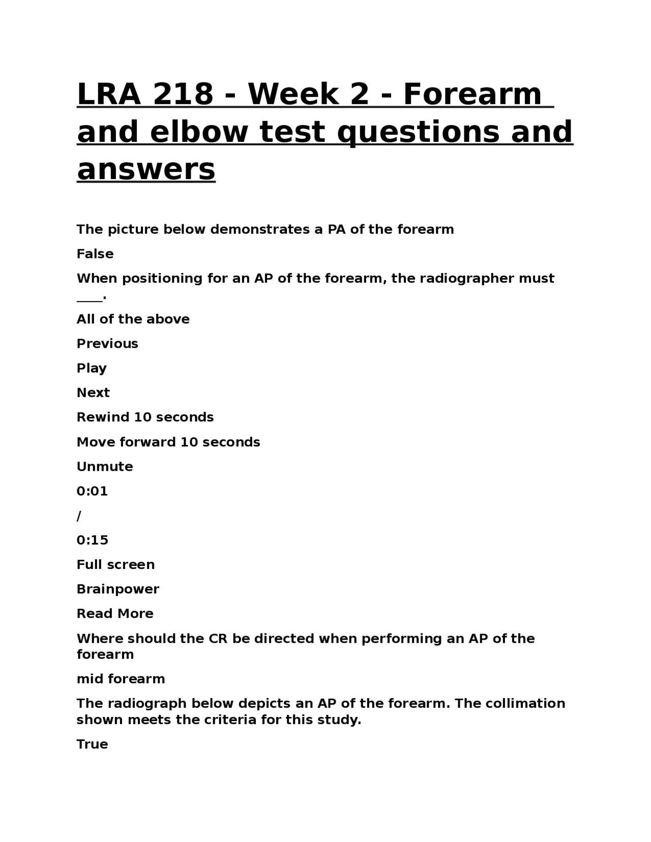 LRA 218 - Week 2 - Forearm and Elbow Test Questions and Answers | Exams ...