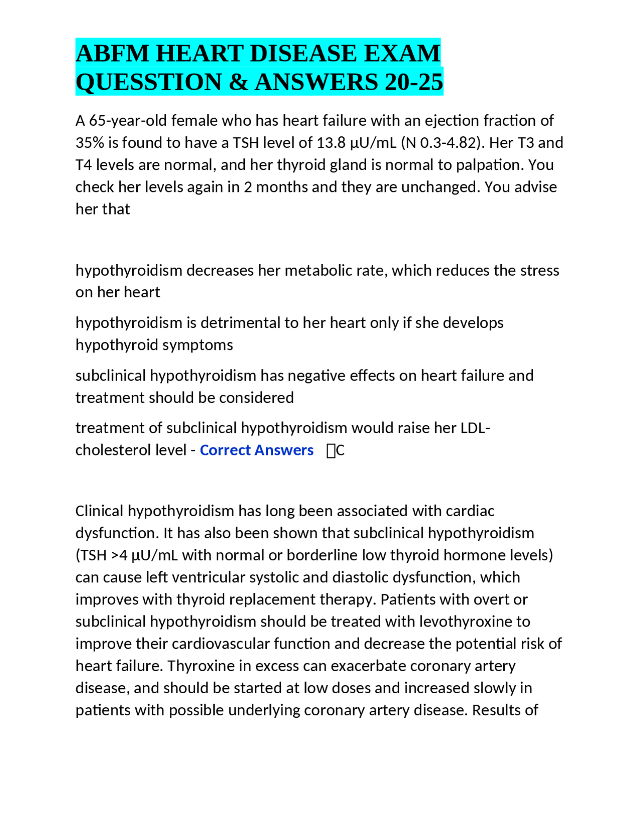 ABFM Heart Disease Exam: Questions & Answers | Exams Nursing | Docsity