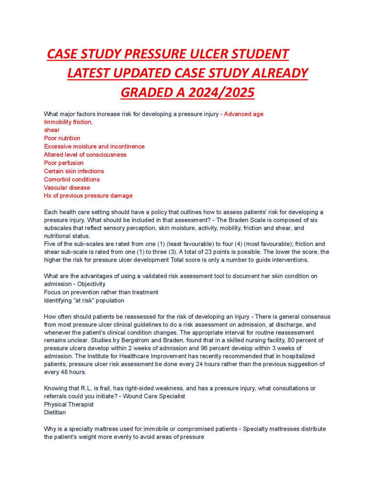 Pressure Ulcer Case Study: Risk Factors, Assessment, and Interventions | Exams Nursing | Docsity