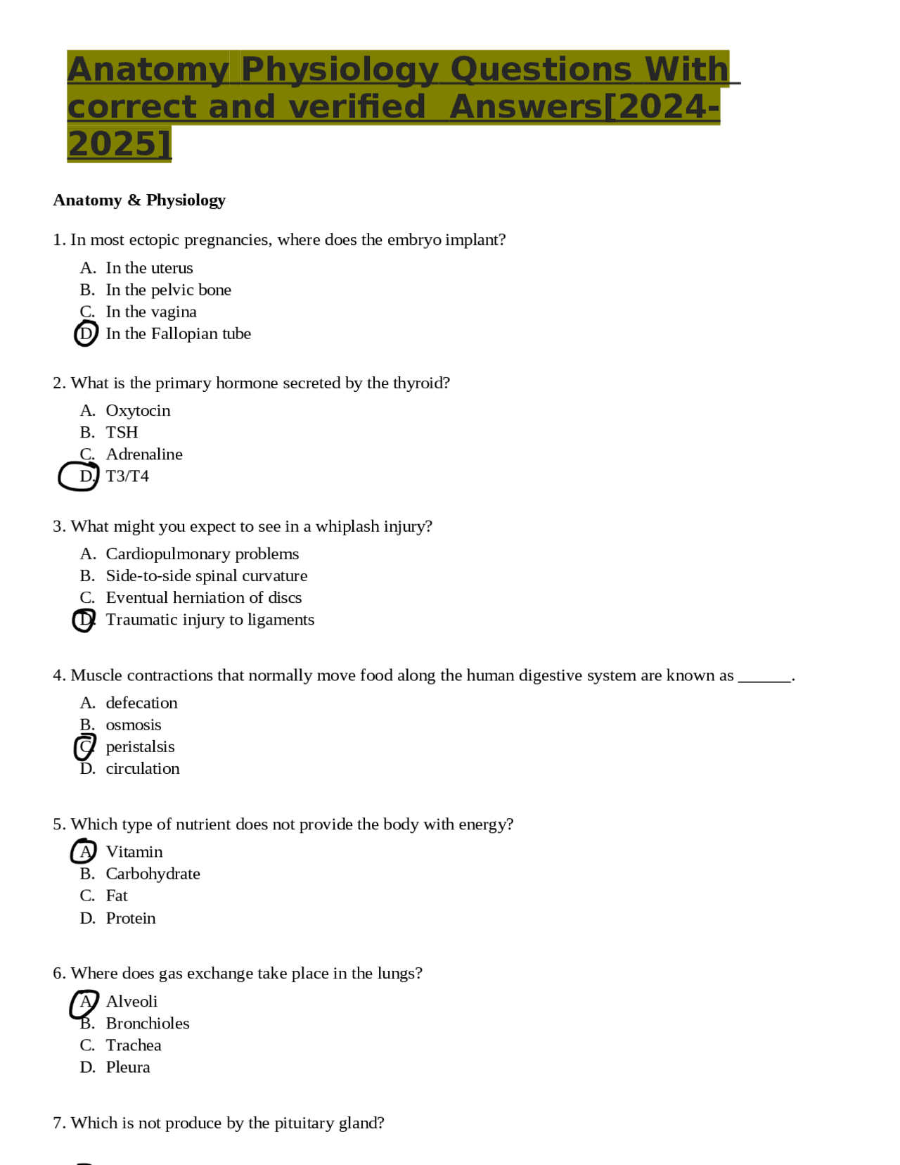 Anatomy and Physiology Multiple Choice Questions with Answers | Exams ...