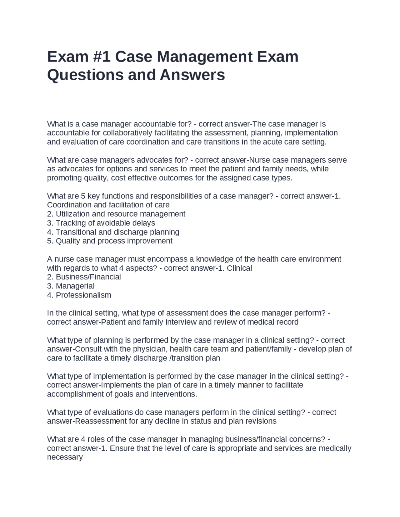 Case Management Exam Questions and Answers | Exams Nursing | Docsity