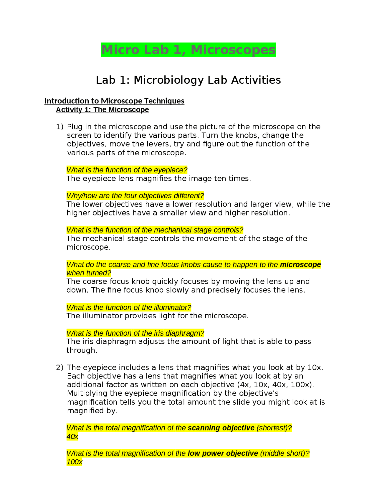Micro Lab 1: Microscopes and Microscopy Techniques | Exams Biology ...
