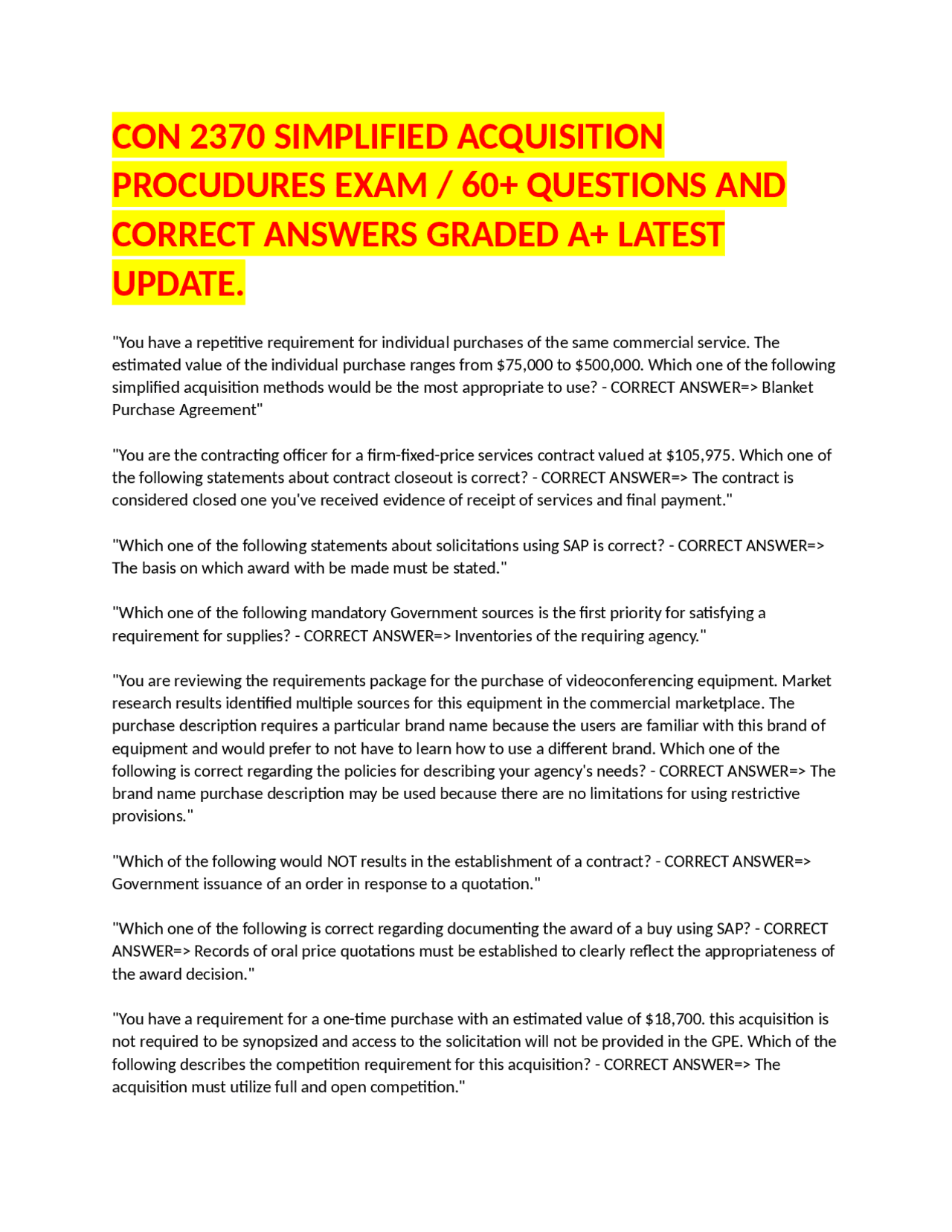 CON 2370 SIMPLIFIED ACQUISITION PROCUDURES EXAM / 60+ QUESTIONS AND ...