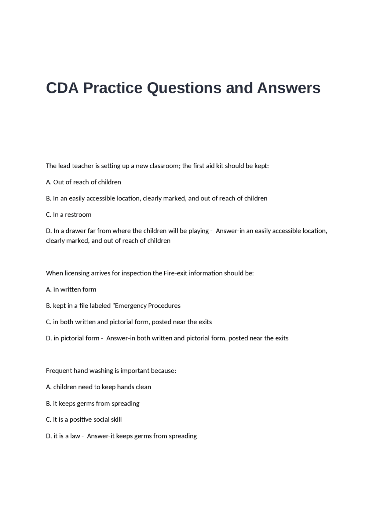 CDA Practice Questions and Answers: Early Childhood Education | Exams ...