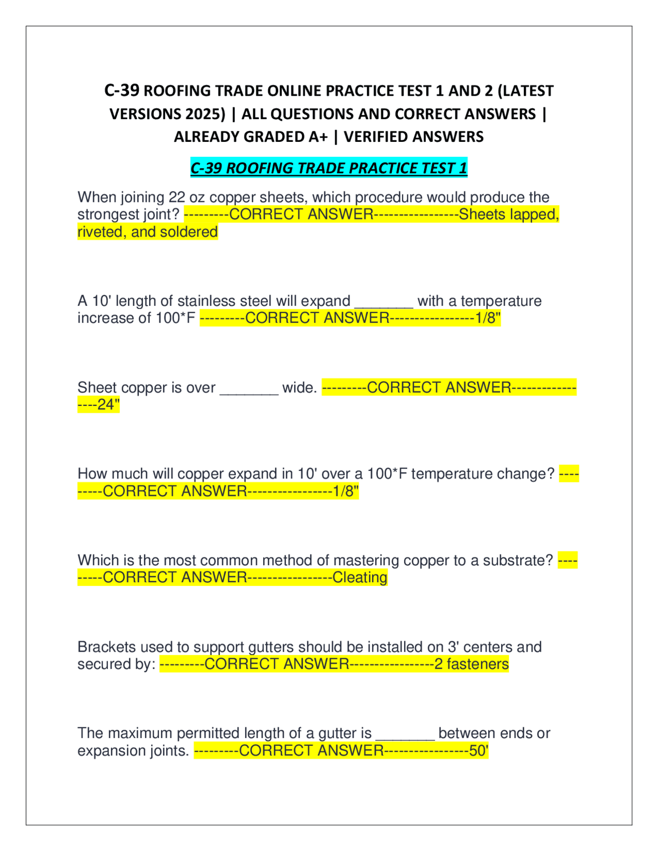 C-39 ROOFING TRADE ONLINE PRACTICE TEST 1 AND 2 (LATEST VERSIONS 2025 ...