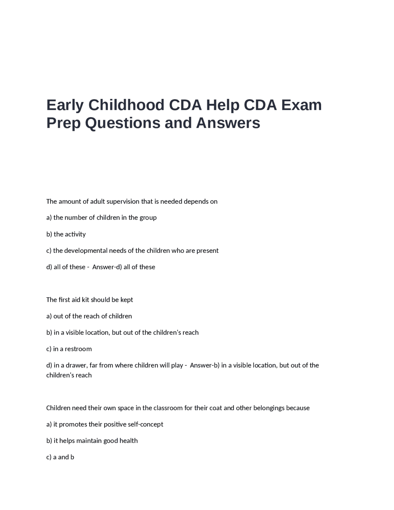 Early Childhood CDA Exam Prep Questions and Answers | Exams Nursing | Docsity