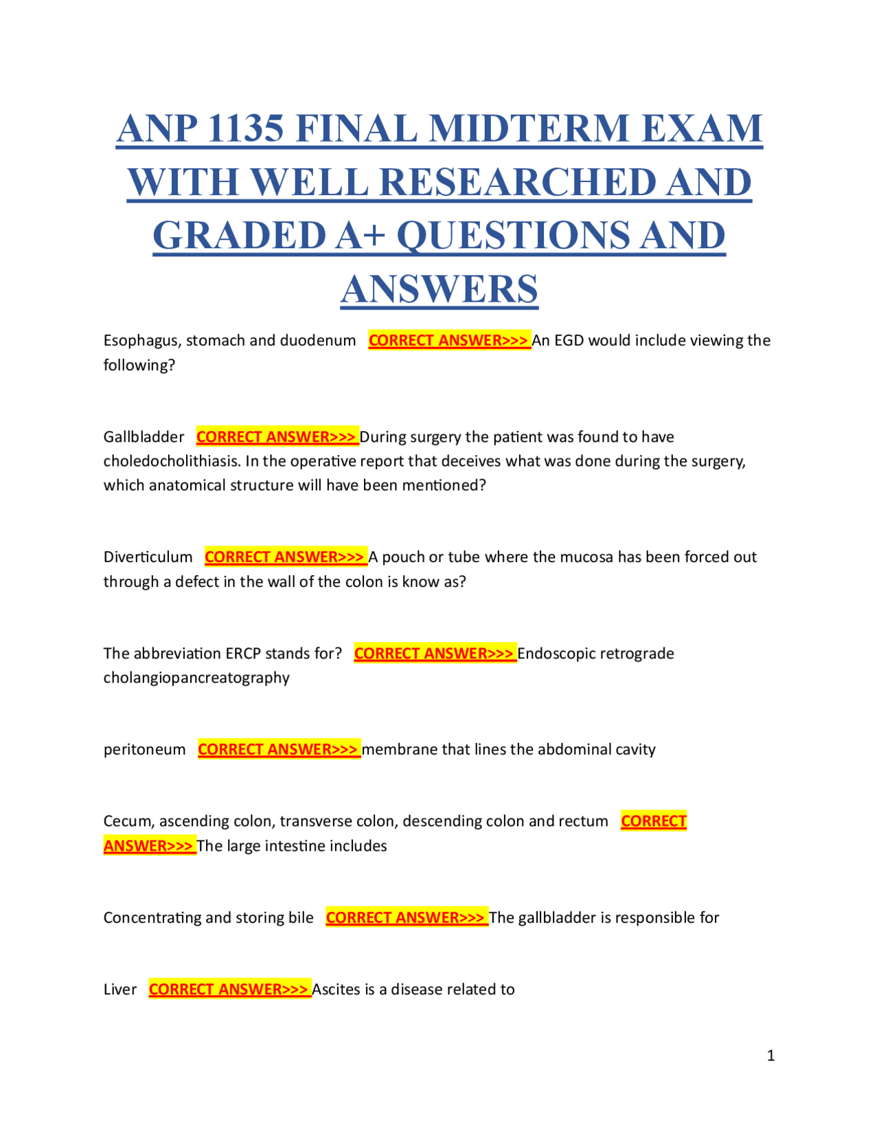 ANP 1135 FINAL MIDTERM EXAM WITH WELL RESEARCHED AND GRADED A+ QUESTIONS AND ANSWERS | Exams ...