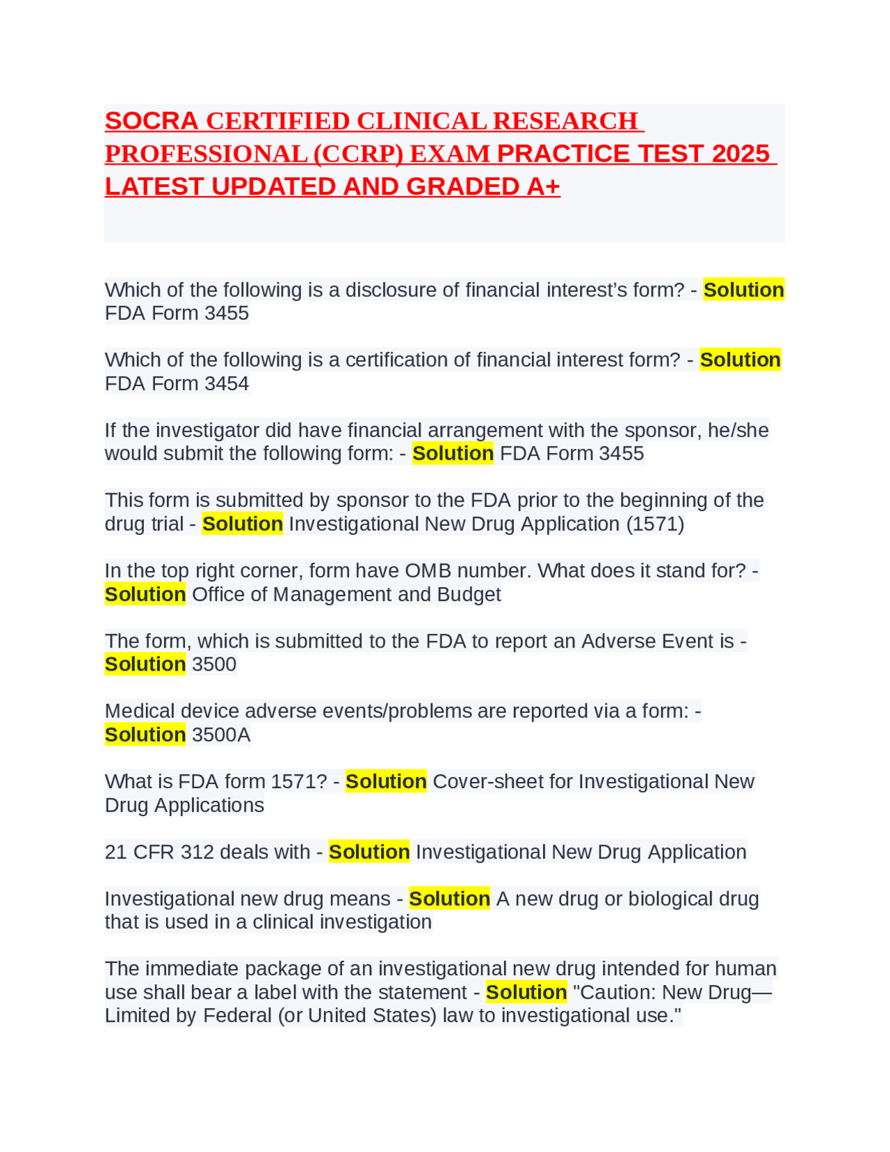 SOCRA CERTIFIED CLINICAL RESEARCH PROFESSIONAL (CCRP) EXAM PRACTICE ...
