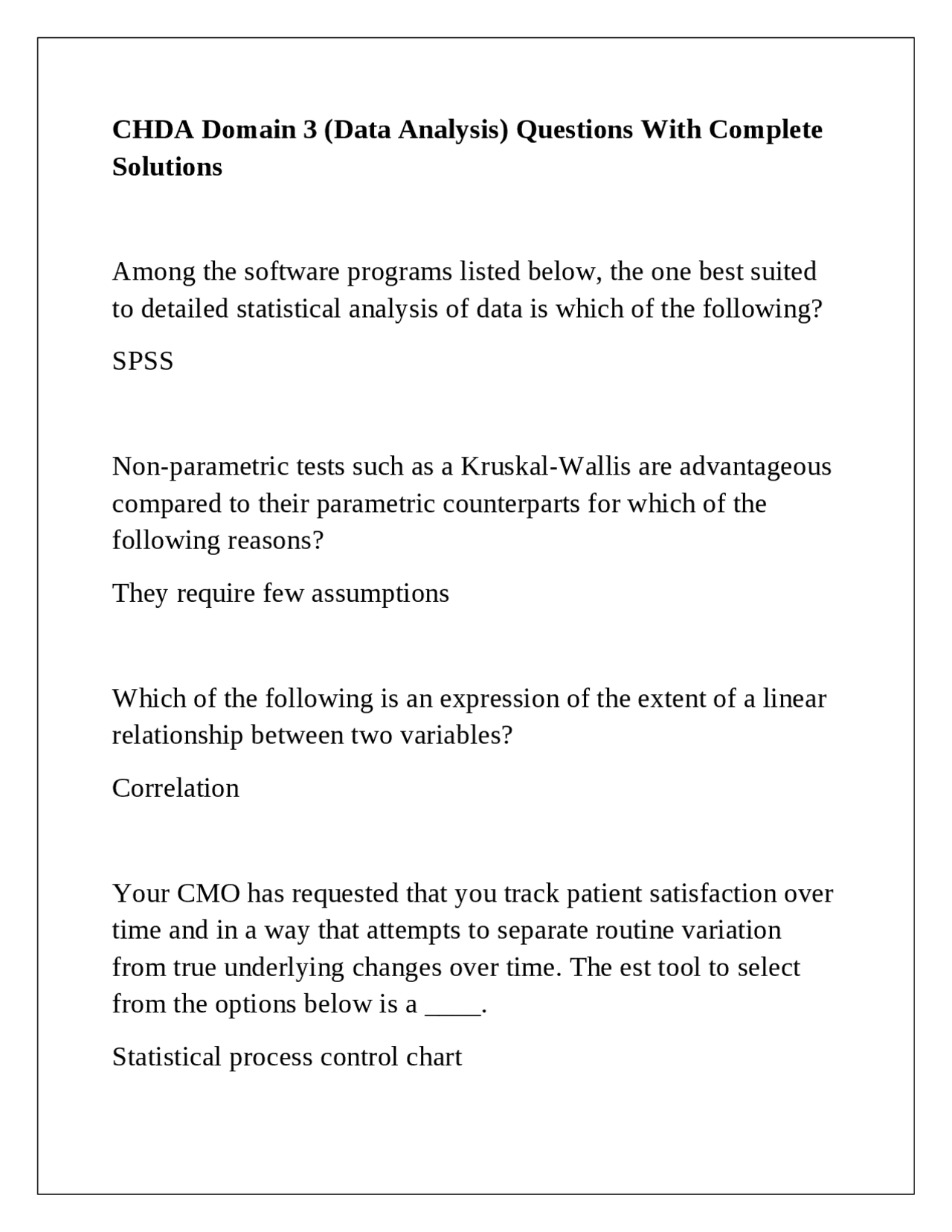 CHDA Domain 3 (Data Analysis) Questions and Answers | Exams Nursing | Docsity