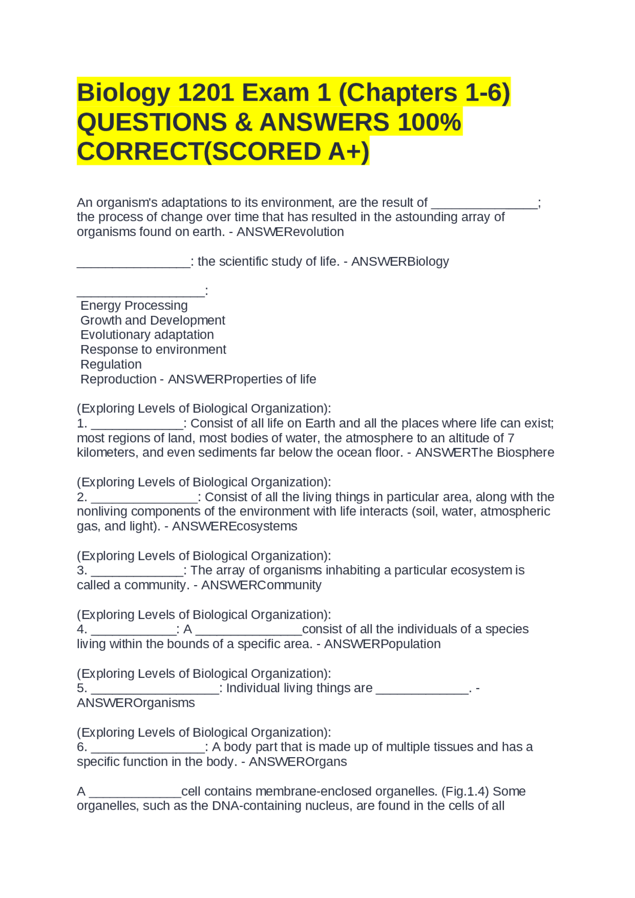 Biology 1201 Exam 1 (Chapters 1-6) QUESTIONS & ANSWERS 100% CORRECT ...