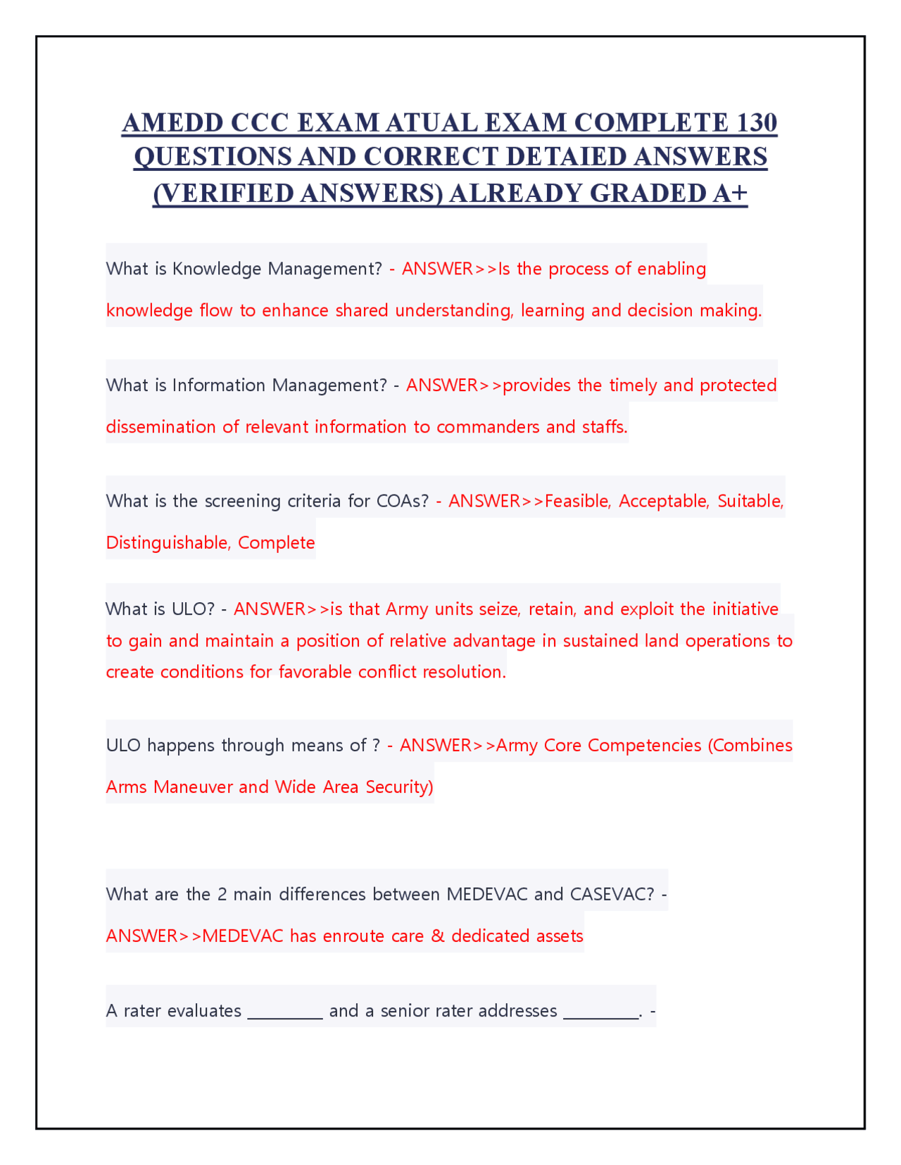 AMEDD CCC Exam: Comprehensive Questions and Answers for Military ...